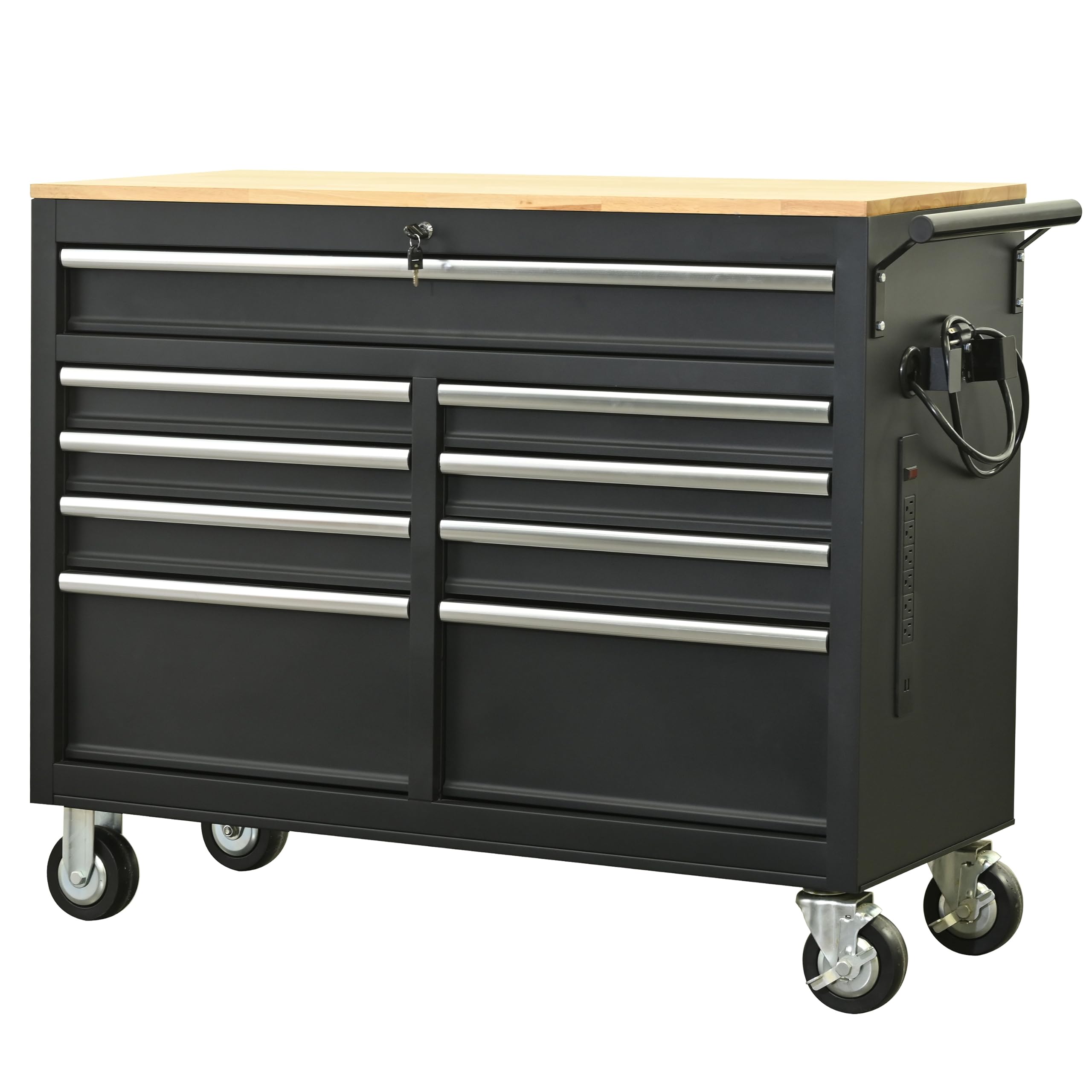 TOPKEY 46" Rolling Tool Chest Mobile Cabinet with Rubber Wood Top & 9 Drawers, Heavy Duty Workstation for Garage, Workshop, with Power Strip, 1500 lbs Load Capacity