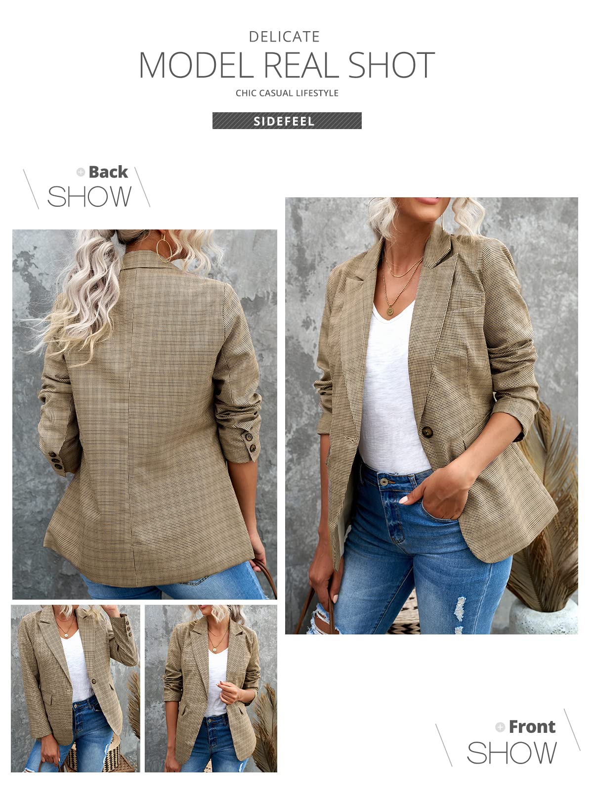 Sidefeel Women Plaid Print Outwear Work Office Suit Jacket Casual Blazers Coat 2XL Khaki