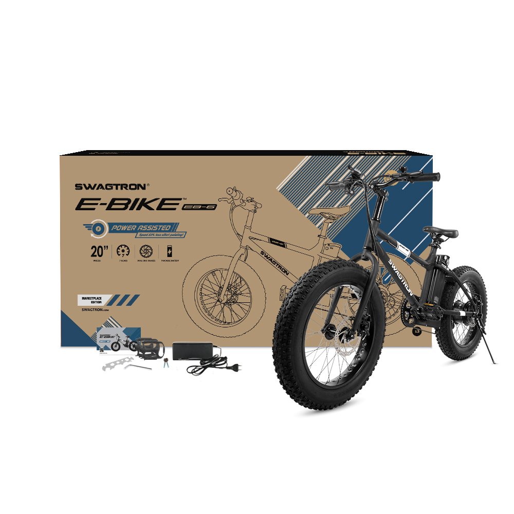 Swagtron Swagcycle EB-6 Bandit Trail Electric Bike with Removable Battery and Dual Disc Brakes, Black, 20" Wheels