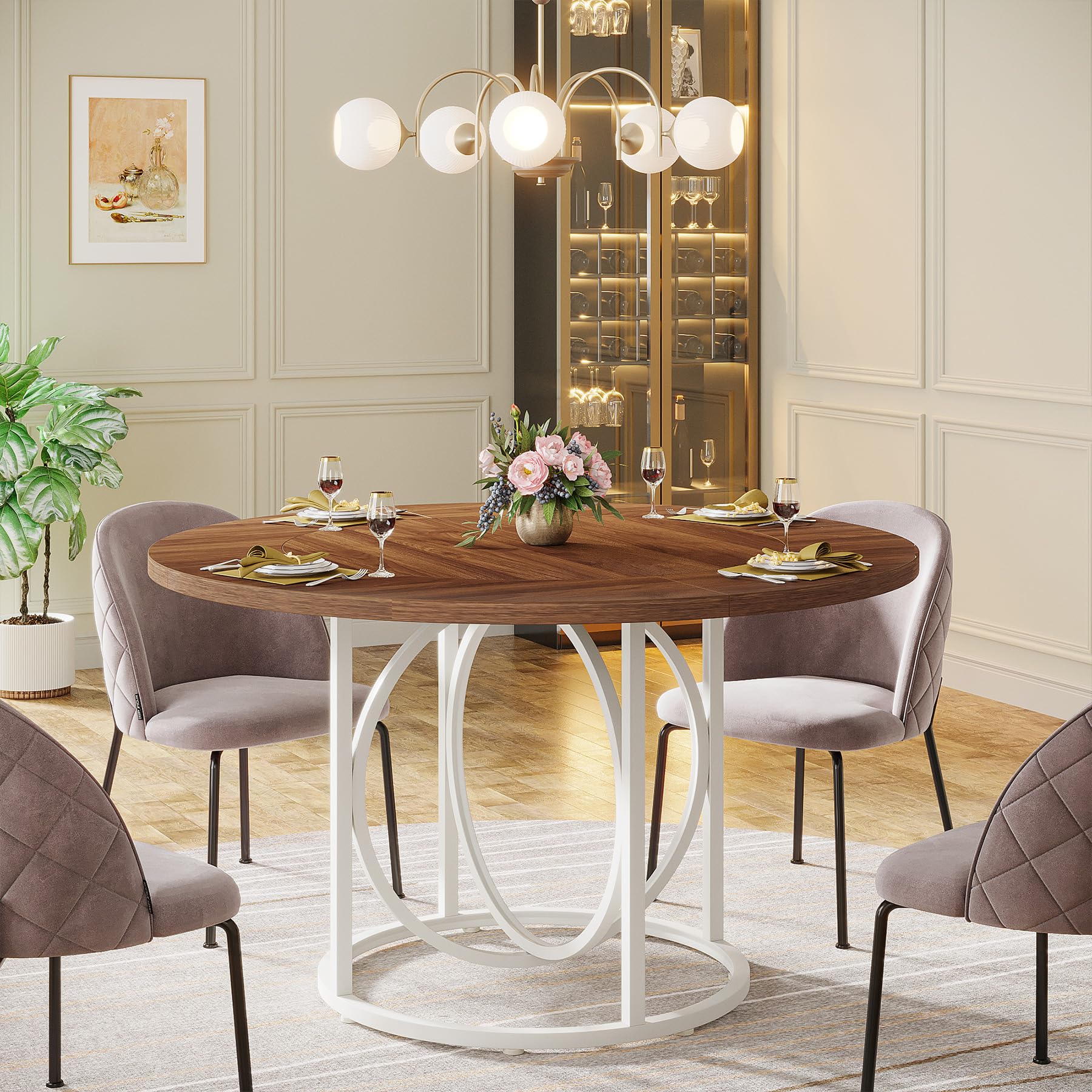 Tribesigns Modern Round Dining Table for 4-6, 47 Inch Brown Kitchen Table with White Base, Wood Dinner Table Coffee Table for Home Dining Room, Kitchen, Living Room, Apartment, Cafe’
