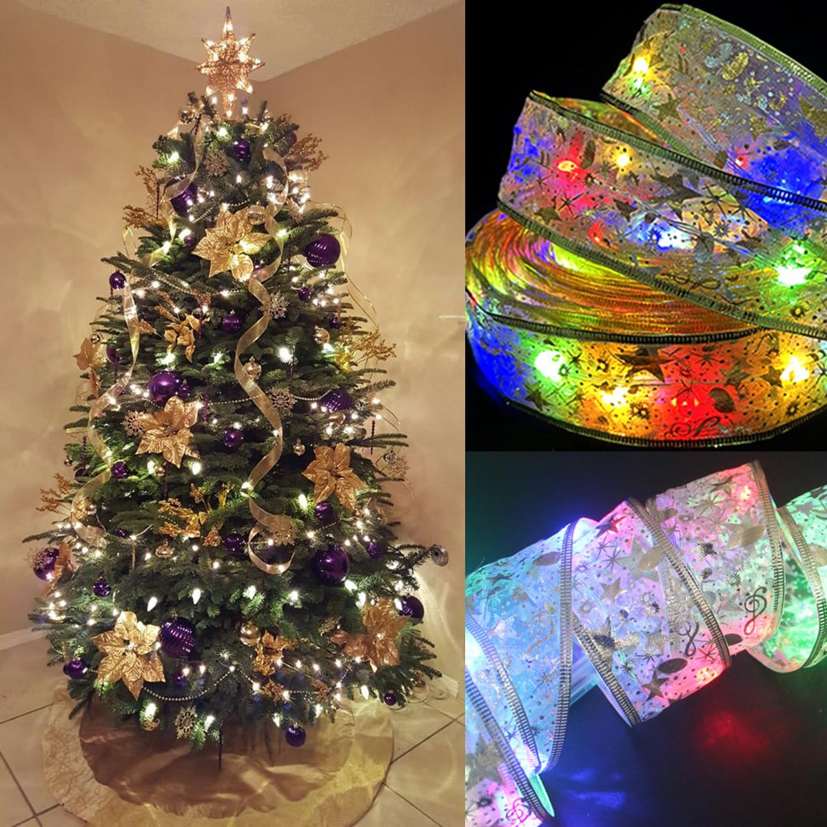 SHANRUN Christmas Tree Decorations Christmas Decorations String Lights Ribbon Indoor (16.4ft,50 LED Lights) Xmas Ornaments Clearance Colorful Fairy Lights Battery Operated (Gold Ribbon)