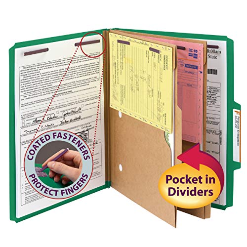 Smead Pressboard Classification File Folder with SafeSHIELD Fasteners, 2 Pocket Dividers, 2" Expansion, Letter Size, Green, 10 per Box (14083)