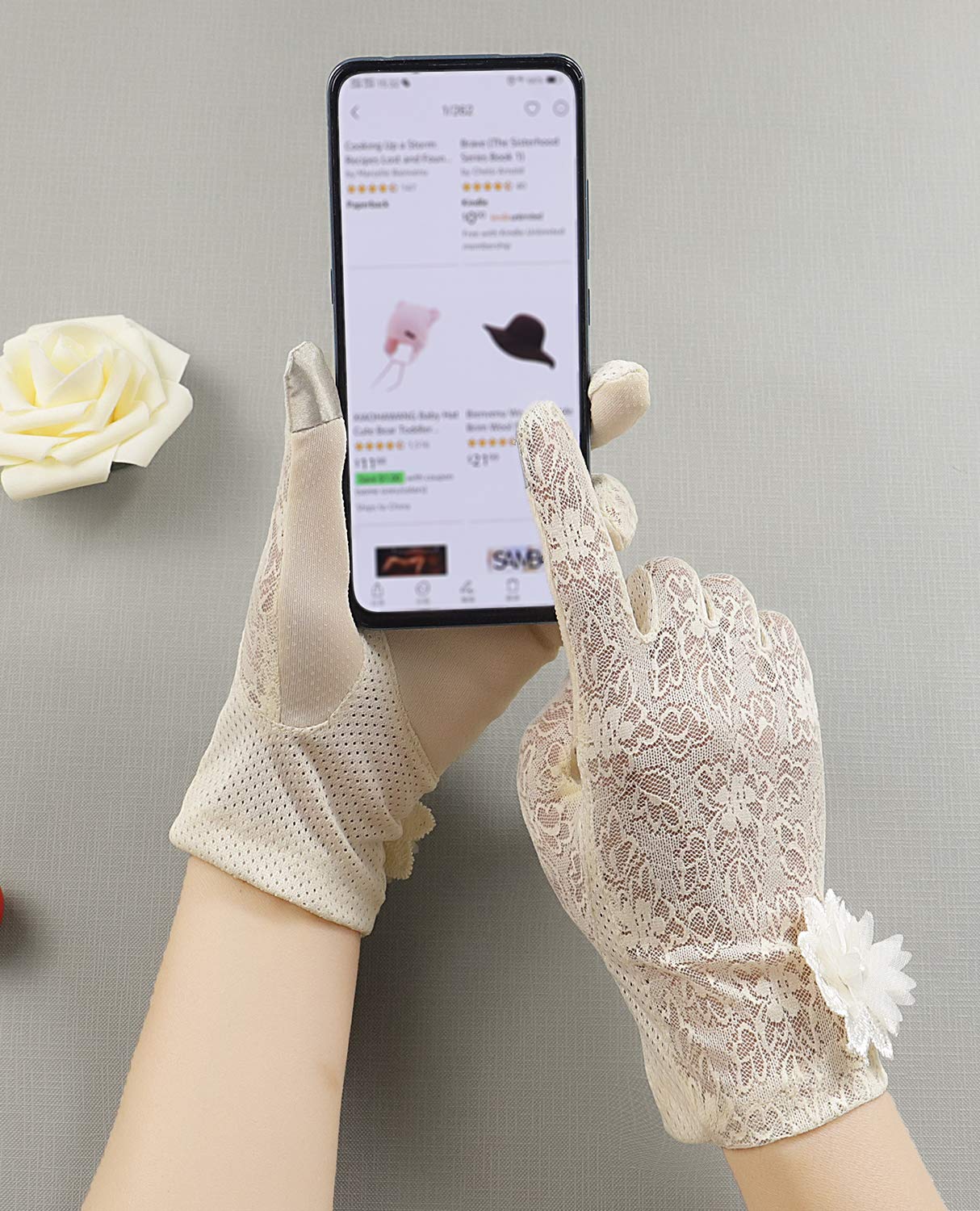 Women's Summer Touch Screen Gloves Lace Anti-skid Outdoor Driving Tea Party Gloves, Beige