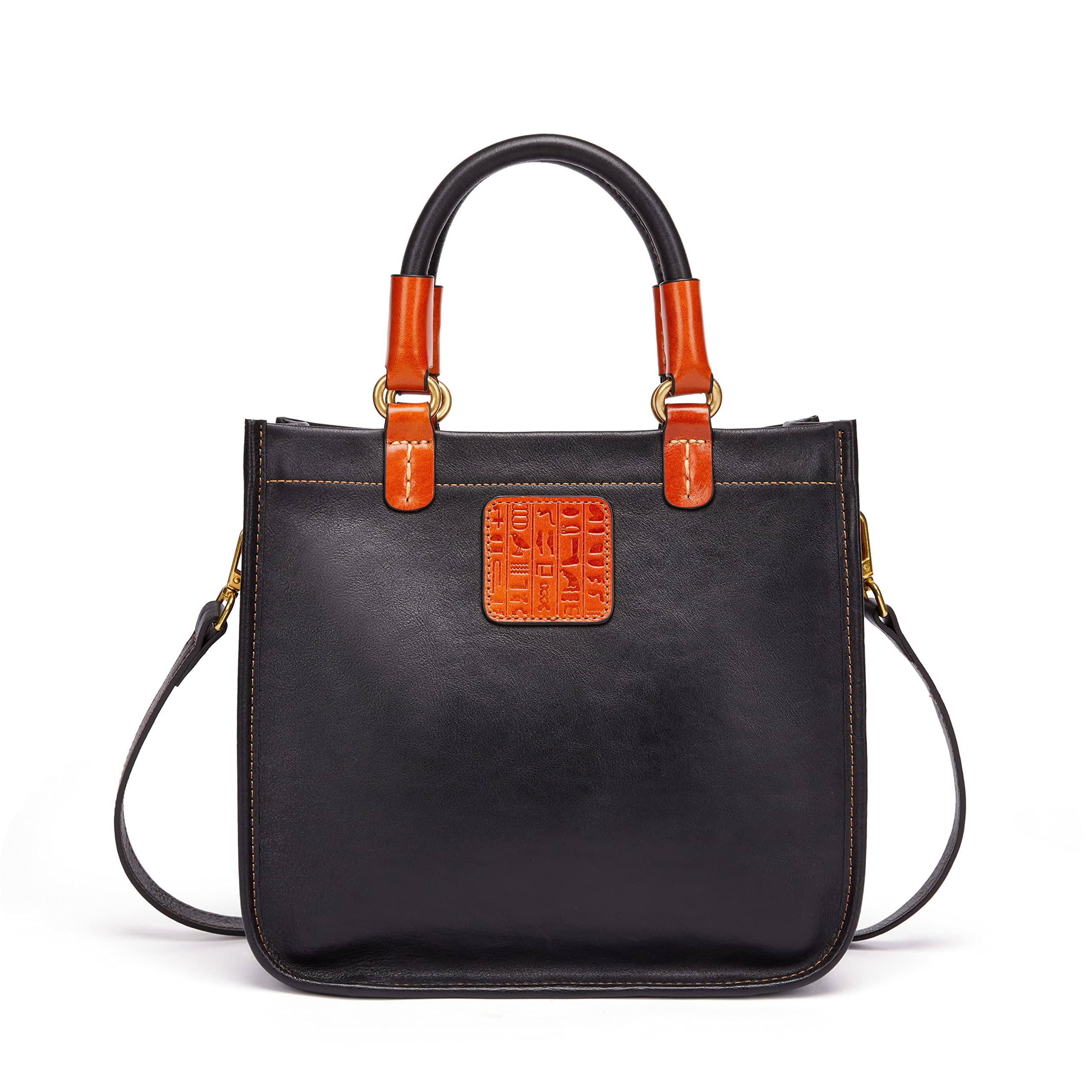 Vintage Leather Tote Bag For Women Casual Top Handle Shoulder Purse With Wide Straps (1-Black)