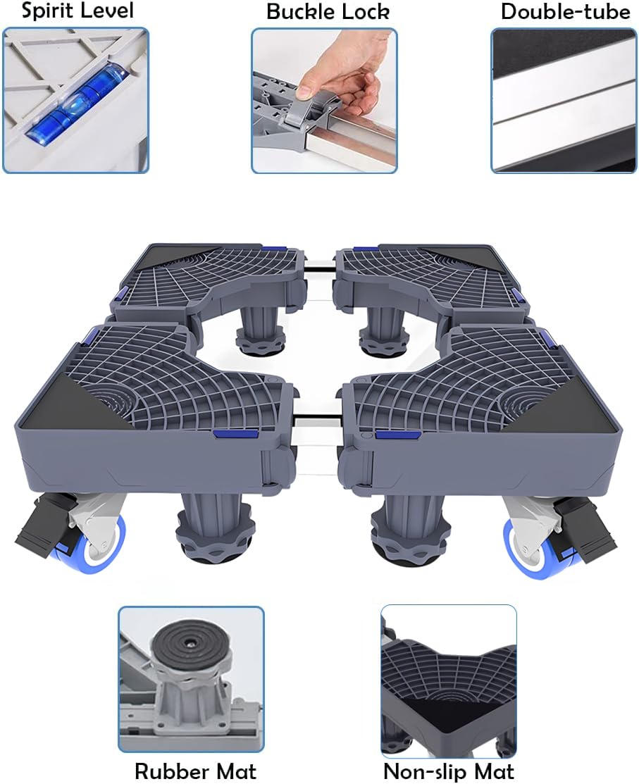 ShanSon Mini Fridge Stand Mobile Base With 4 Locking Refrigerator Wheels And 8 Strong Feet For Washer Dryer Washing Machine Stand Pedestal, Refrigerator Stand, Adjustable Appliance Dolly Square
