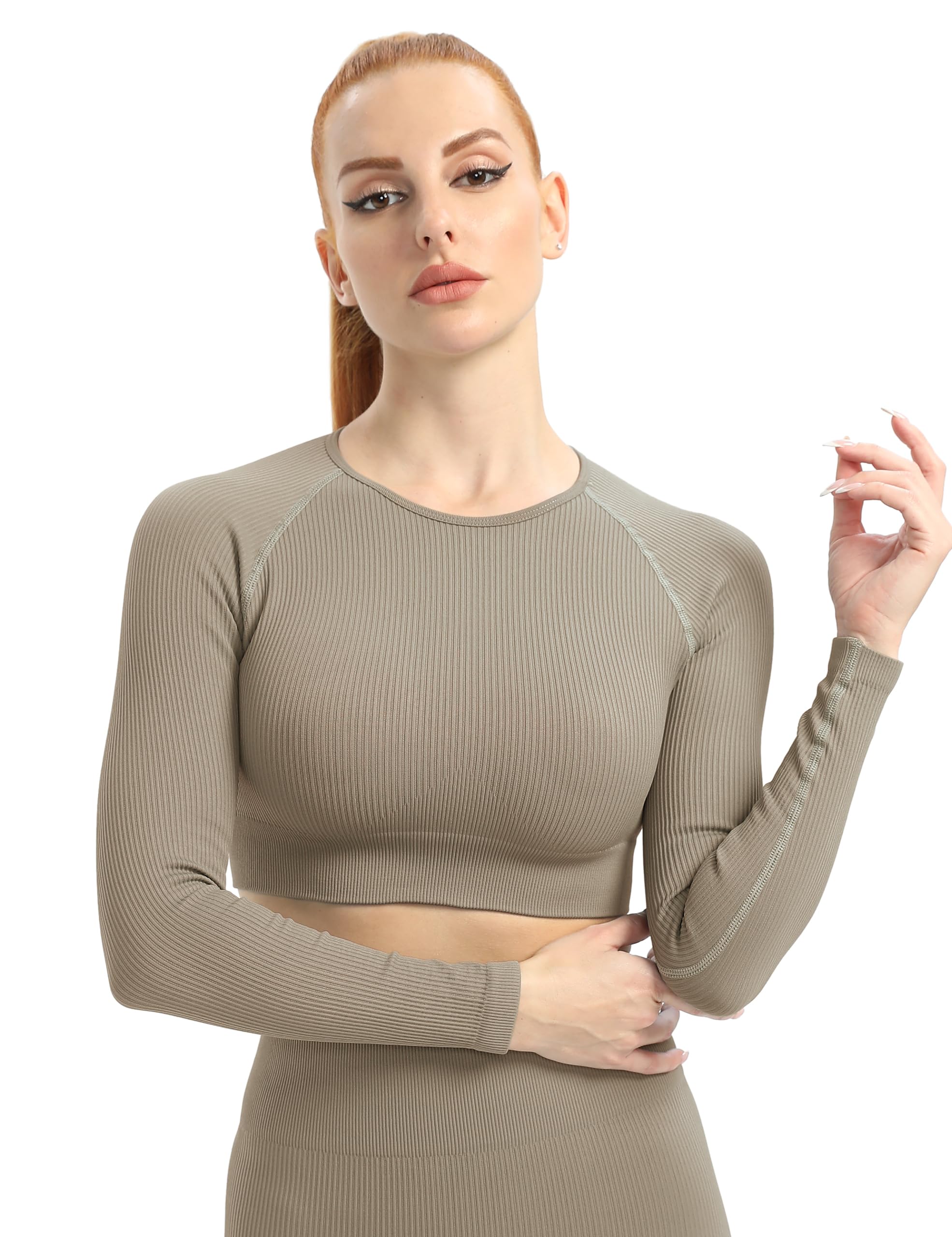 VALANDY Women's Long Sleeve Crop Tops Seamless Workout Shirts Fitted Crewneck Ribbed Running Tees Light Grey