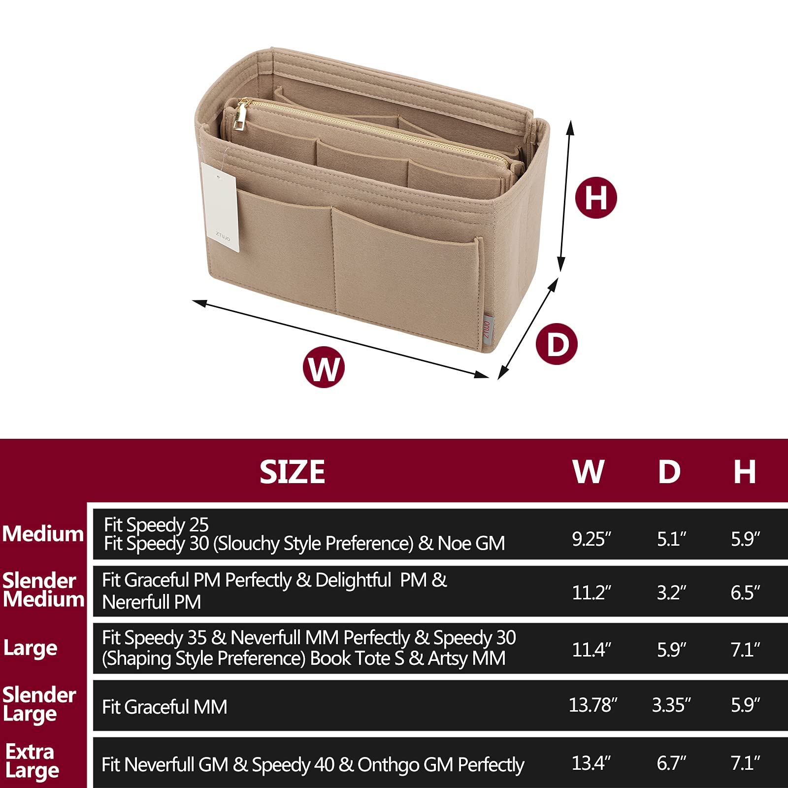 ZTUJO Purse Organizer, Tote Organizer For Speedy Neverful Graceful (Beige, Slender Medium)