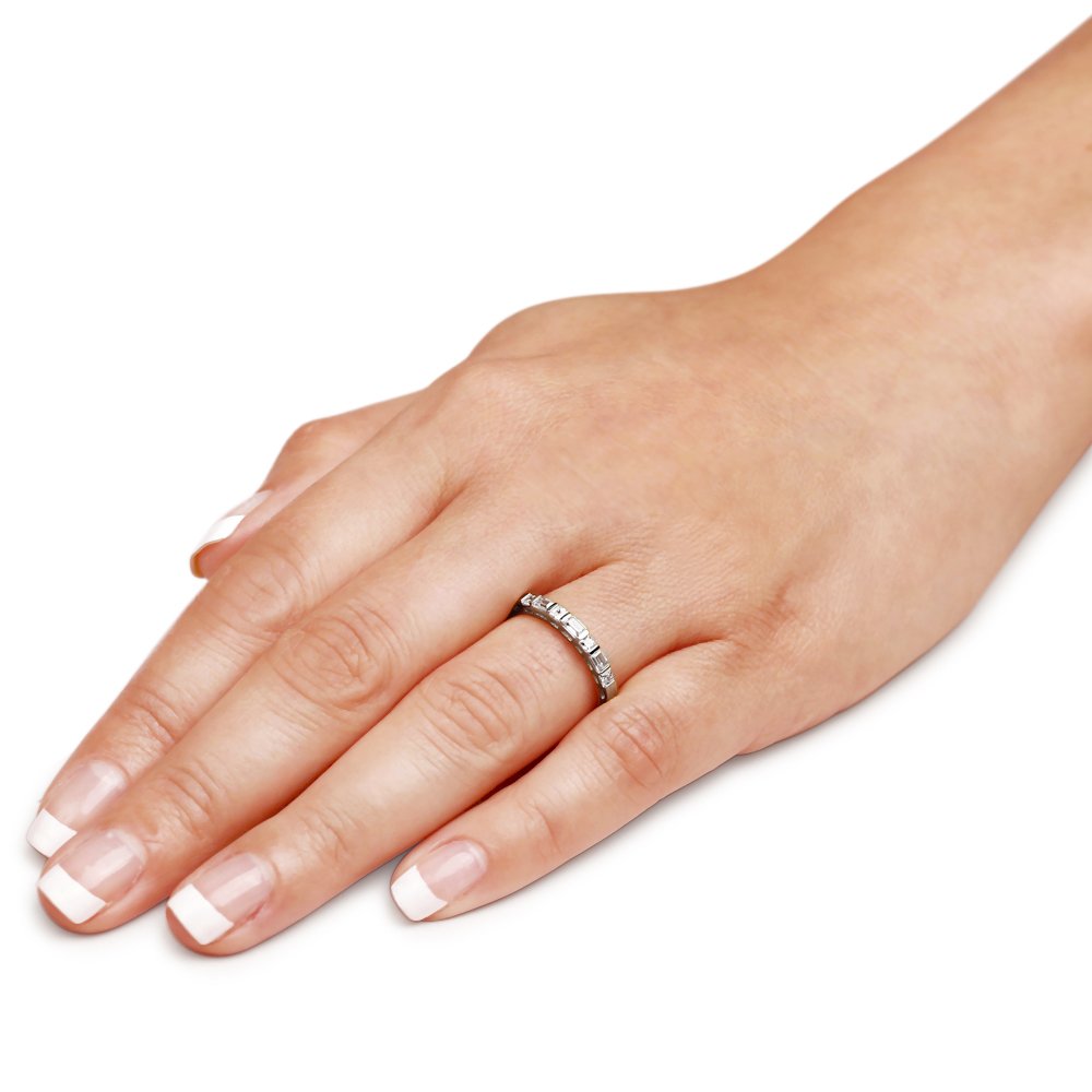 Size 4.5 - Solid 14K White Gold Princess Cut & Baguette CZ Cubic Zirconia Ladies Womens Wedding Band or Anniversary Ring 1/2 cttw.