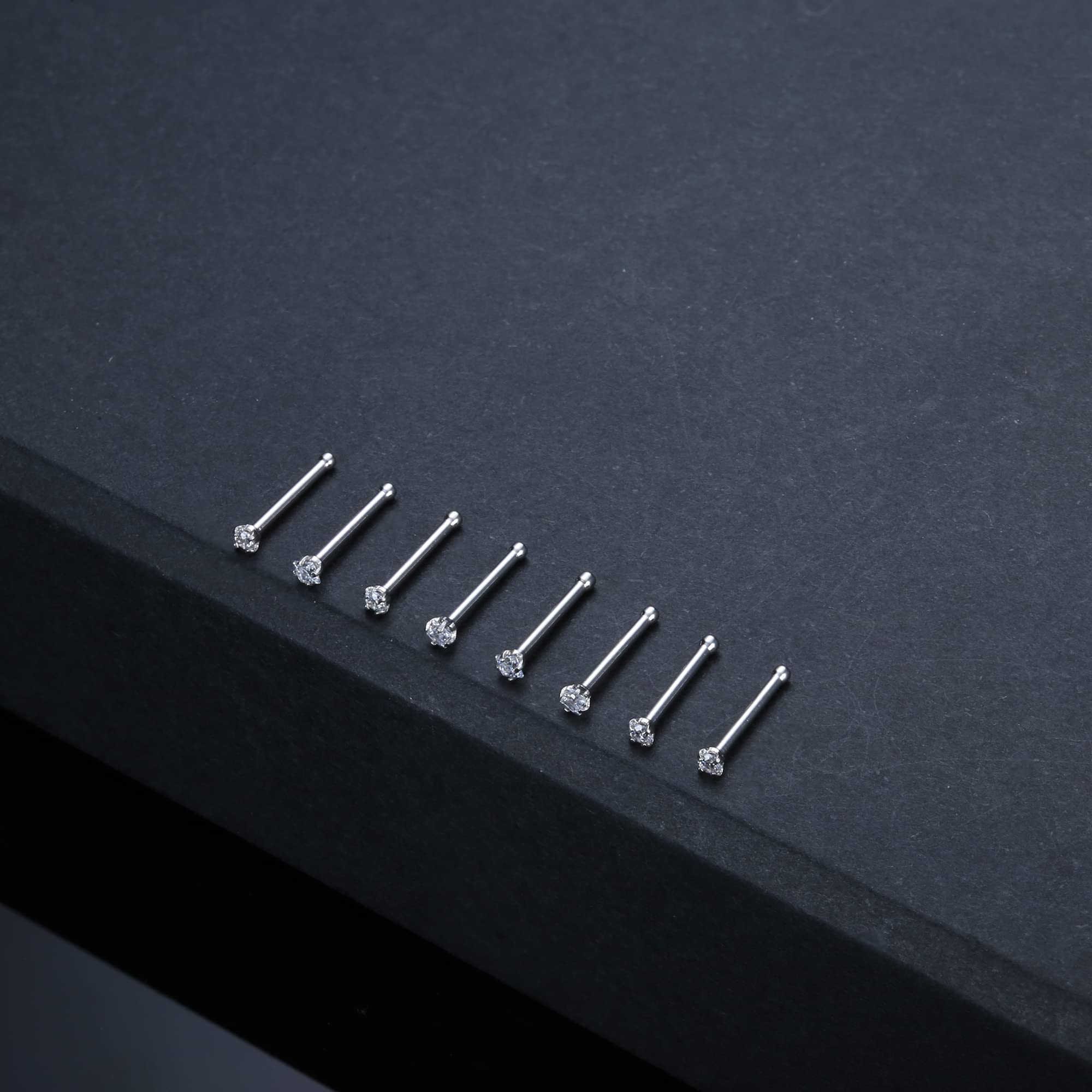 VALDEAS 20G Nose Ring Studs CZ 316L Stainless Steel for Women 8 Pcs Bone Rings Set Austrian Cubic Zirconia Piercing Jewelry Round Square Shapes Stud 1.5MM