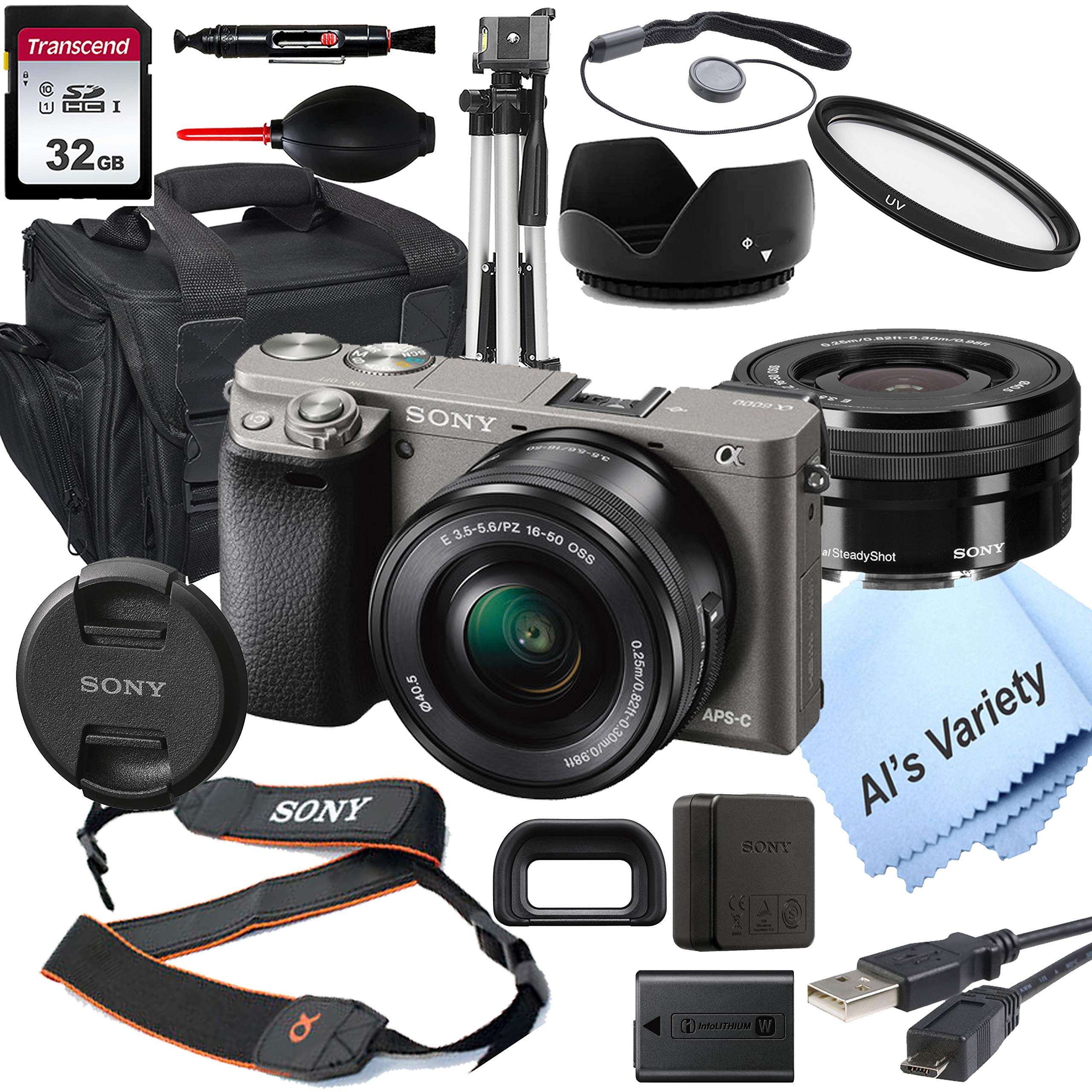 Sony Alpha a6000 (Graphite) Mirrorless Digital Camera with 16-50mm Lens + 32GB Card, Tripod, Case, and More (18pc Bundle)