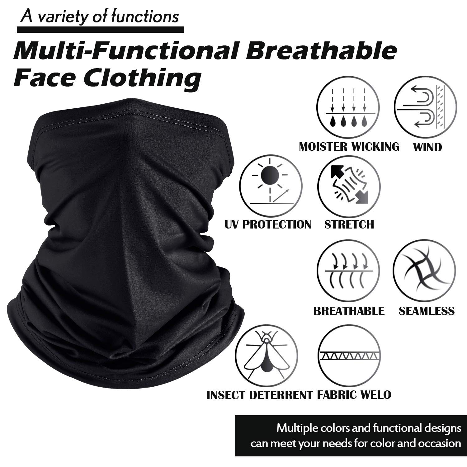 Summer Face Cover Scarf UV Protection Neck Gaiter Sunscreen Breathable Bandana (Black, 6)