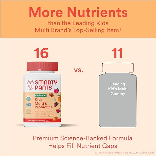 SmartyPants Organic Kids Multivitamin Gummies: Probiotics, Omega 3 (ALA), Vitamin D3, C, Vitamin B12, B6, Vitamin A, K & Zinc for Immune Support, Three Fruit Flavors, 120 Count (30 Day Supply)