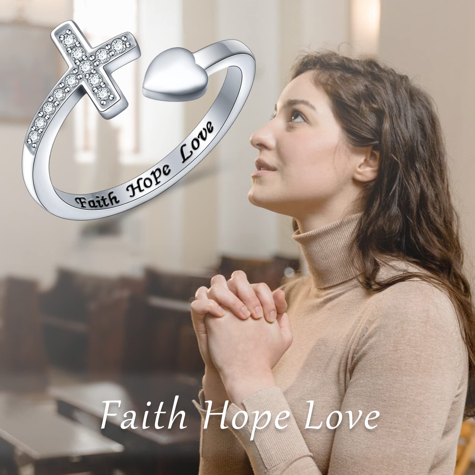 Yearace Cross Rings 925 Sterling Silver CZ Adjustable Faith Hope Love Cross Open Ring for Women Men Sideways Cross Christian Religious Stackable Ring- US Size 6