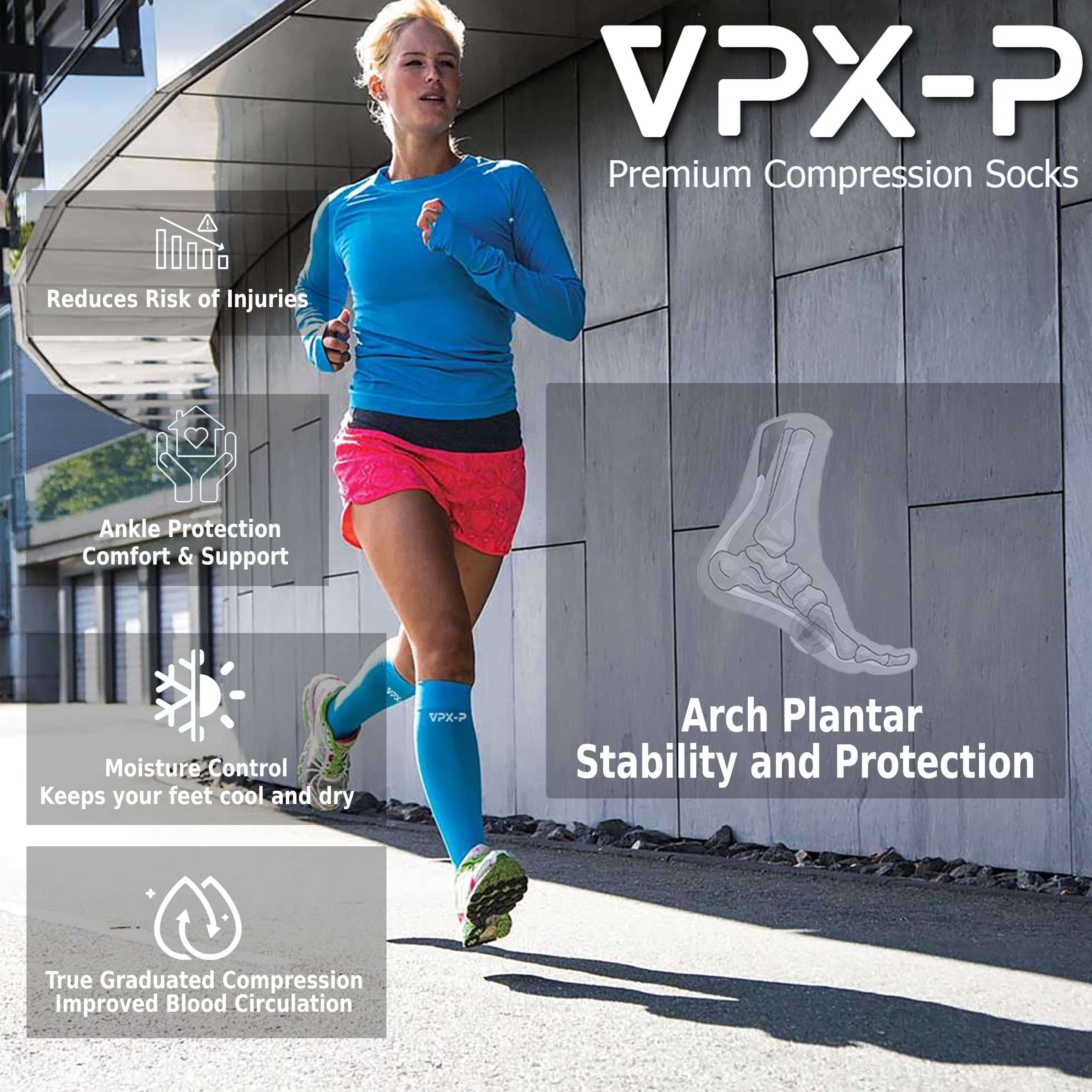 VPX-P Premium Compression Socks for Women and Men 20-30 mmHg β High Knee Compression Socks -For Flights, Running, Athletic, Nursing, Travel- Medias de Compression (Carolina Blue, Large-4)