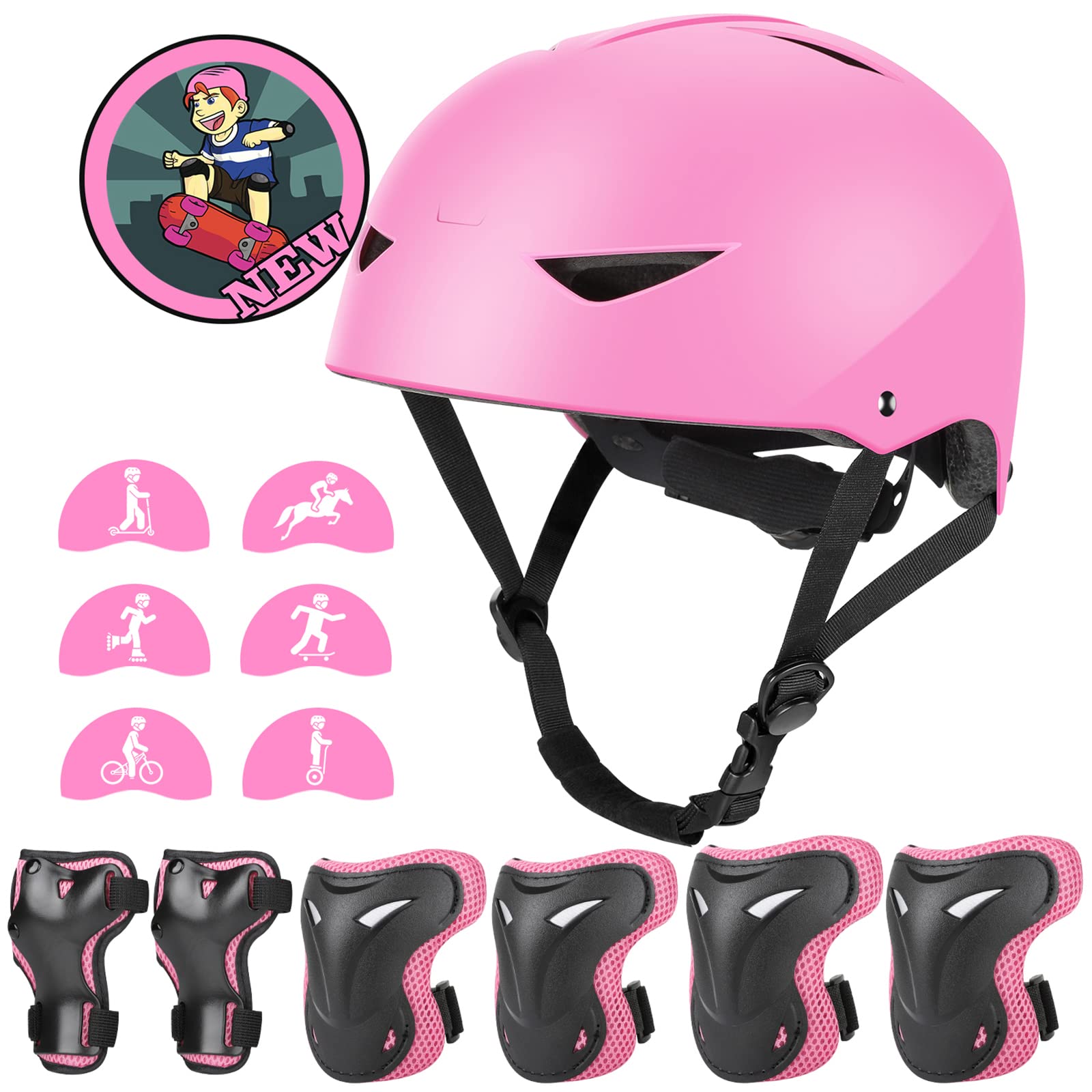 WayEee Kids Bike Helmet Knee Elbow Pads Wrist Guards Set for 4~10yrs Boys Girls Child, Adjustable Protective Gear Set for Sports Skateboarding Cycling Scooter Roller Skating Longboard Rollerblade
