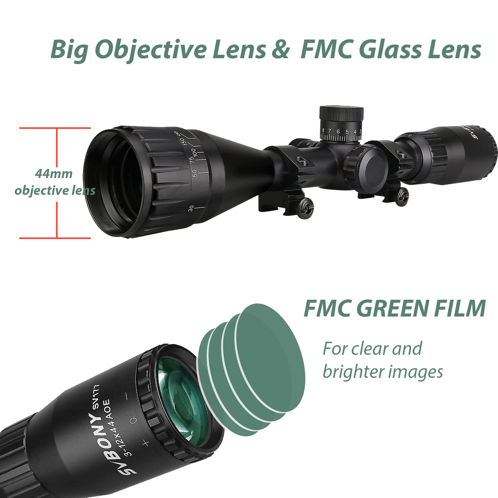 SVBONY SV177 Hunting Rifle Scope 3-12x44, Rifle Scopes for Long Range Shooting, with Front AO Adjustment, Illuminated Mil-dot Reticle Rifle Scope, with 3 Inches Sunshade