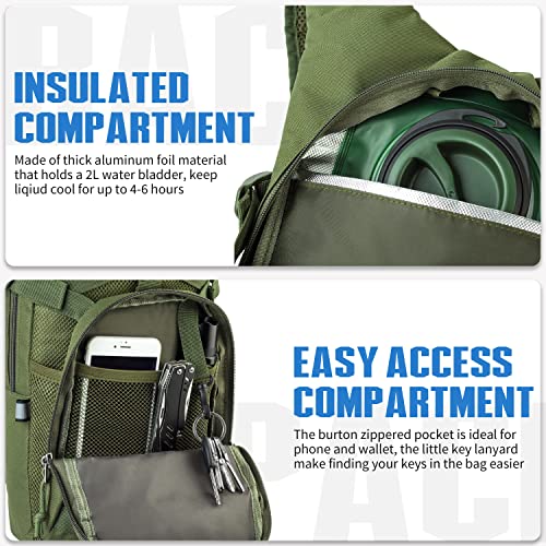 SHARKMOUTH Hydration Backpack, 900D Polyester with 2L Leak-Proof Water Bladder, Keeps Liquid Cool for Up to 4 Hours, Tactical MOLLE Pack for Cycling, Hiking, Running (Green)