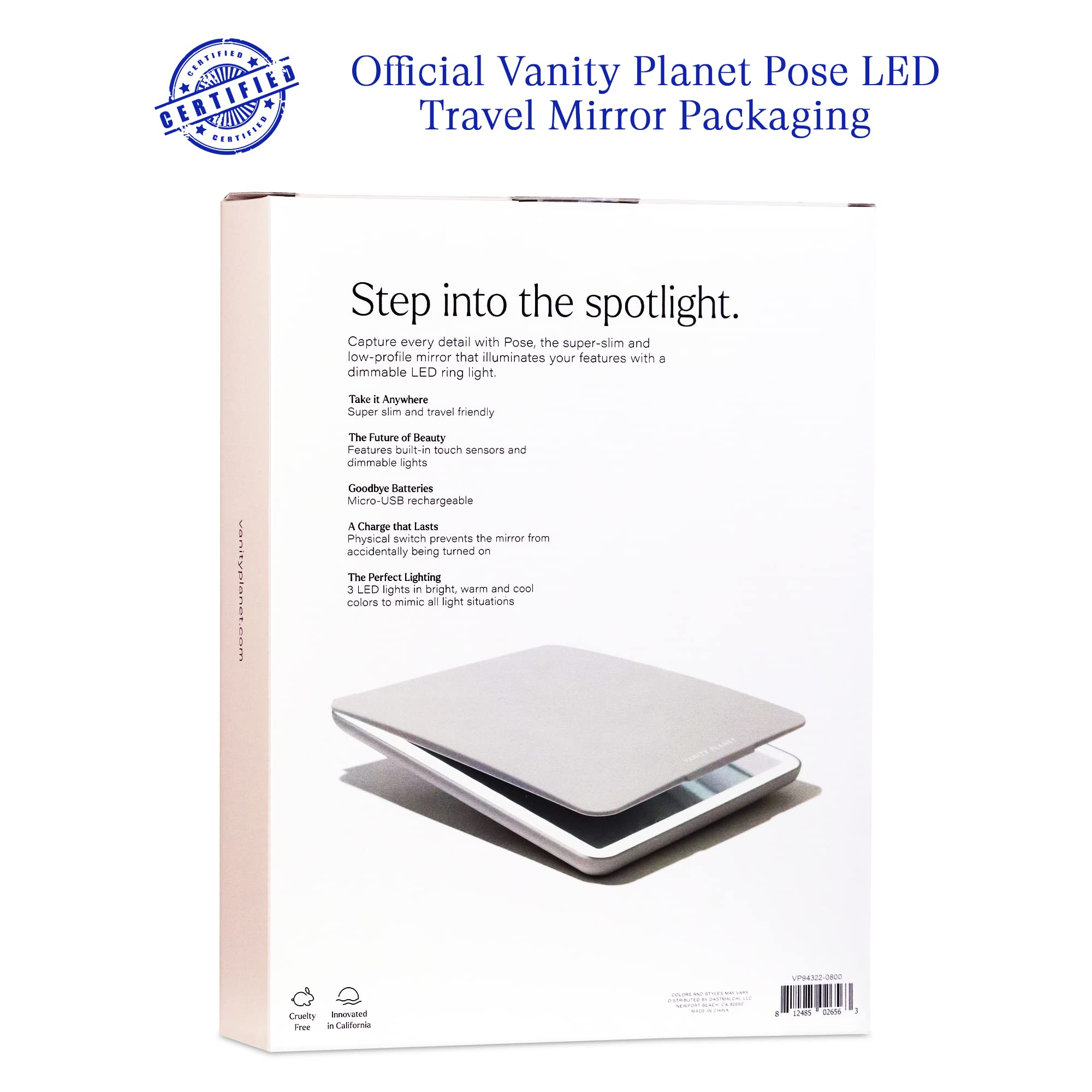 Vanity Planet LED Travel Handheld Vanity Mirror, Pose 3 LED Colors for Consistent Lighting with Dimmable Ring Light - Built-in Touch Sensors with Rechargeable Micro-USB - White