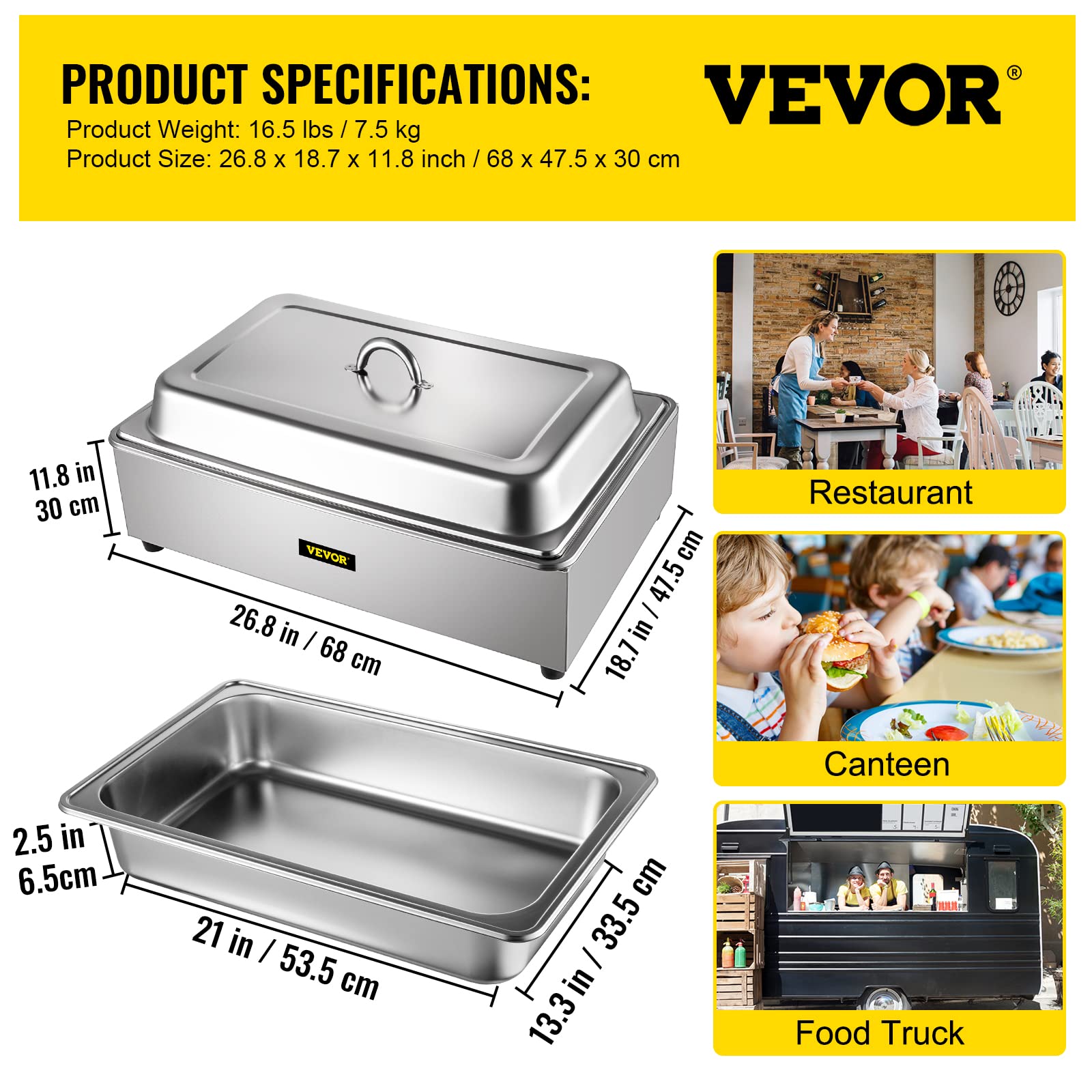 VEVOR 110V 6-Pan Commercial Food Warmer, 1200W Electric Steam Table 15cm/6inch Deep, Stainless Steel Buffet Bain Marie 32 Quart for Restaurants