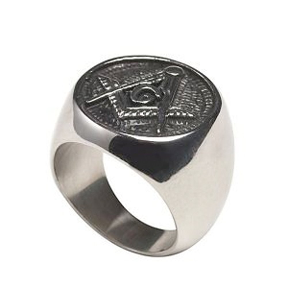 Round Chiseled Stainless Steel Freemason Ring/Masonic Ring with Black Stone & CZ. Freemason's Jewelry Masonic Rings Free Masonry Member. Free Masons Masonary Ring with Masonic symbol emblem (13)