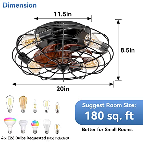 SYXLCYGJ Flush Mount Ceiling Fans with Lights, 3-Speed Reversible Ceiling Fan with Remote Control, 4xE26 Bases, 20 inch, Black