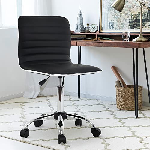 Vanity Chair Makeup Chair PU Leather Low Back Home Office Desk Chair Height Adjustable 360° Swivel Rolling Computer Chair Modern Executive Task Chair without Armrest for Vanity Makeup Room(Black)