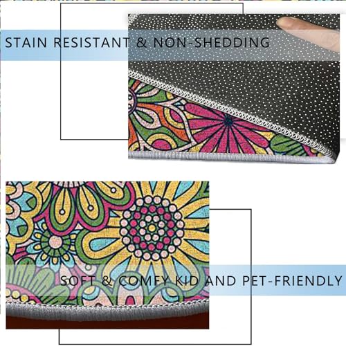 Round Desk Chair Mat Boho Floral Chair Mat for Plush Pile Carpets Green Non-Slip Floor Mats Office Rug Floor Protectors 4 FT