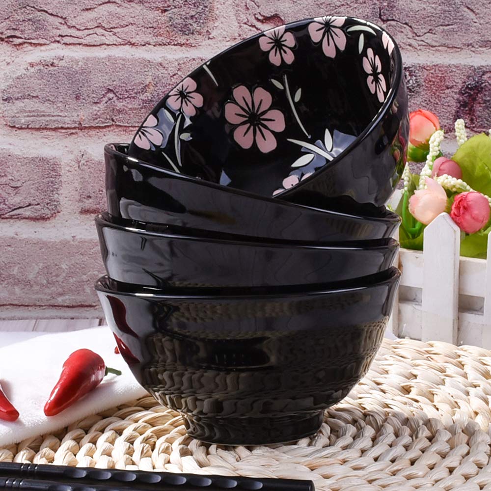 Whitenesser Japanese Style Rice Bowls set of 4, Ceramic Rice Bowls for Soup Cereal Oat (4, Black Sakura)
