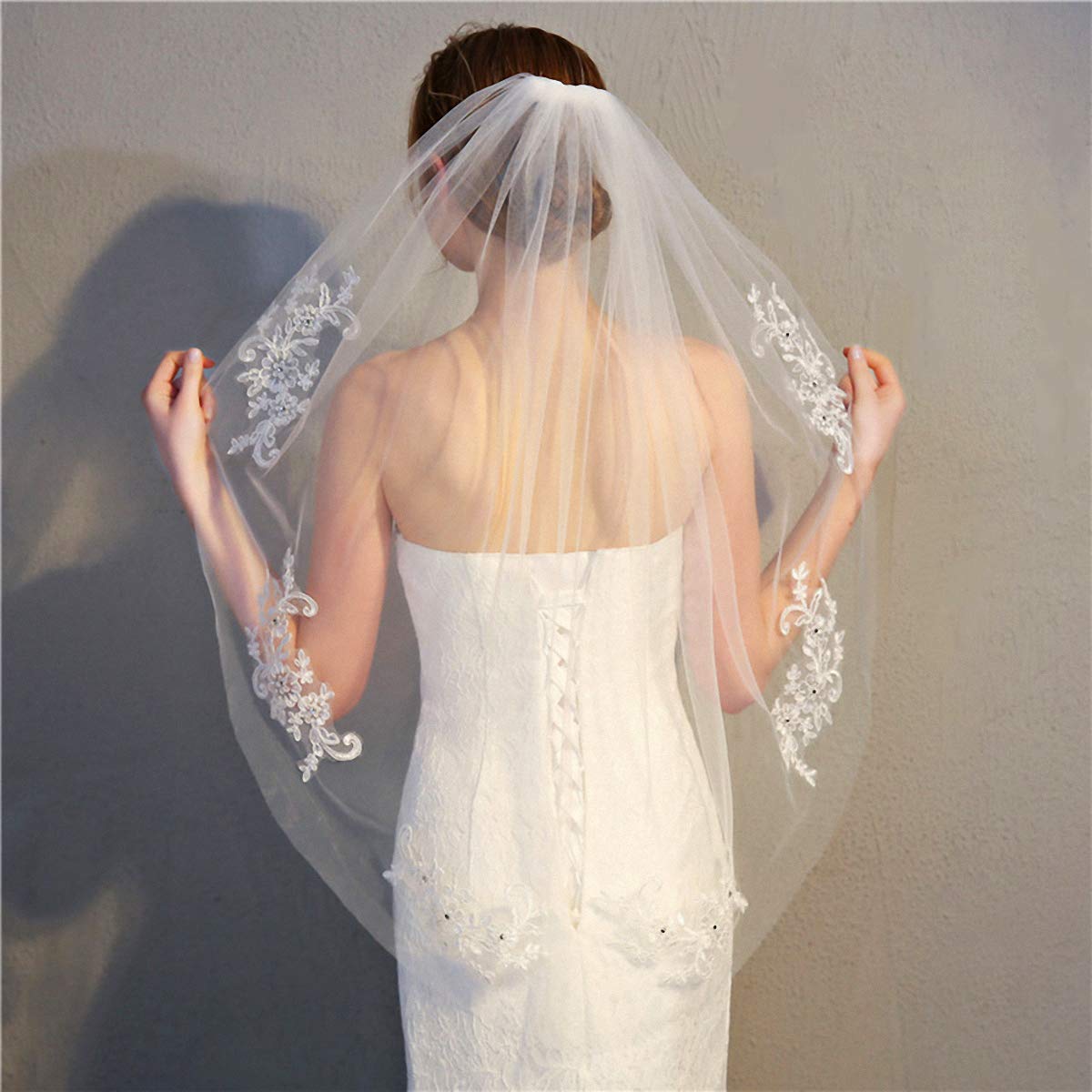 Wedding Veil Comb Elegent Lace Appliques Wedding Veil Crystal Beaded With Comb, White Headpiece Bridal Shower, Bridesmaid Favors