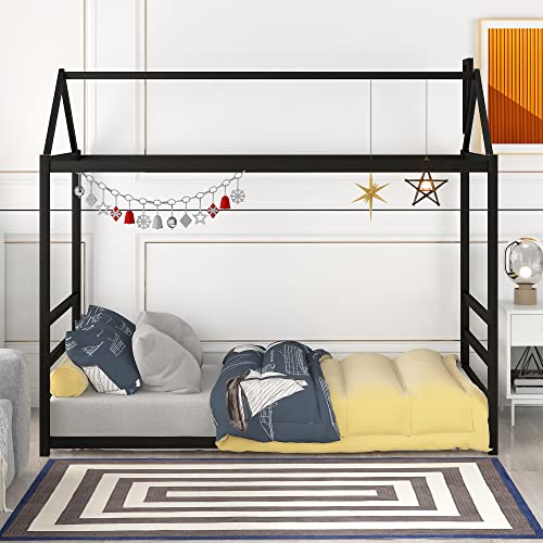 Tidyard House Platform Bed with Roof and Chimney Design,Black Platform Bed Frame, Mattress Foundation Easy Assembly, No Box Spring Needed for Dorm, Bedroom, Guest Room