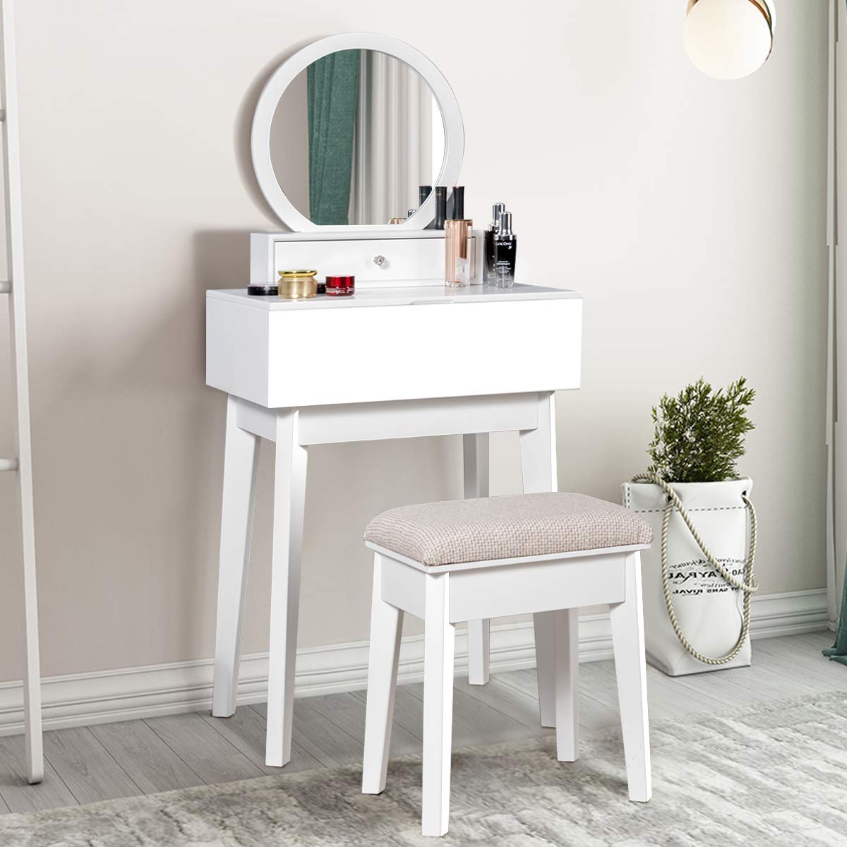 Vanity Mirror, w/ 2 Removable Spacious Drawer, 2 in 1 Vanity Table Top, Space-Saving Wall Mount & Placed on The Table, Dressing Table w/Round Mirror, Ideal for Bedroom, Bathroom &Hallway, White