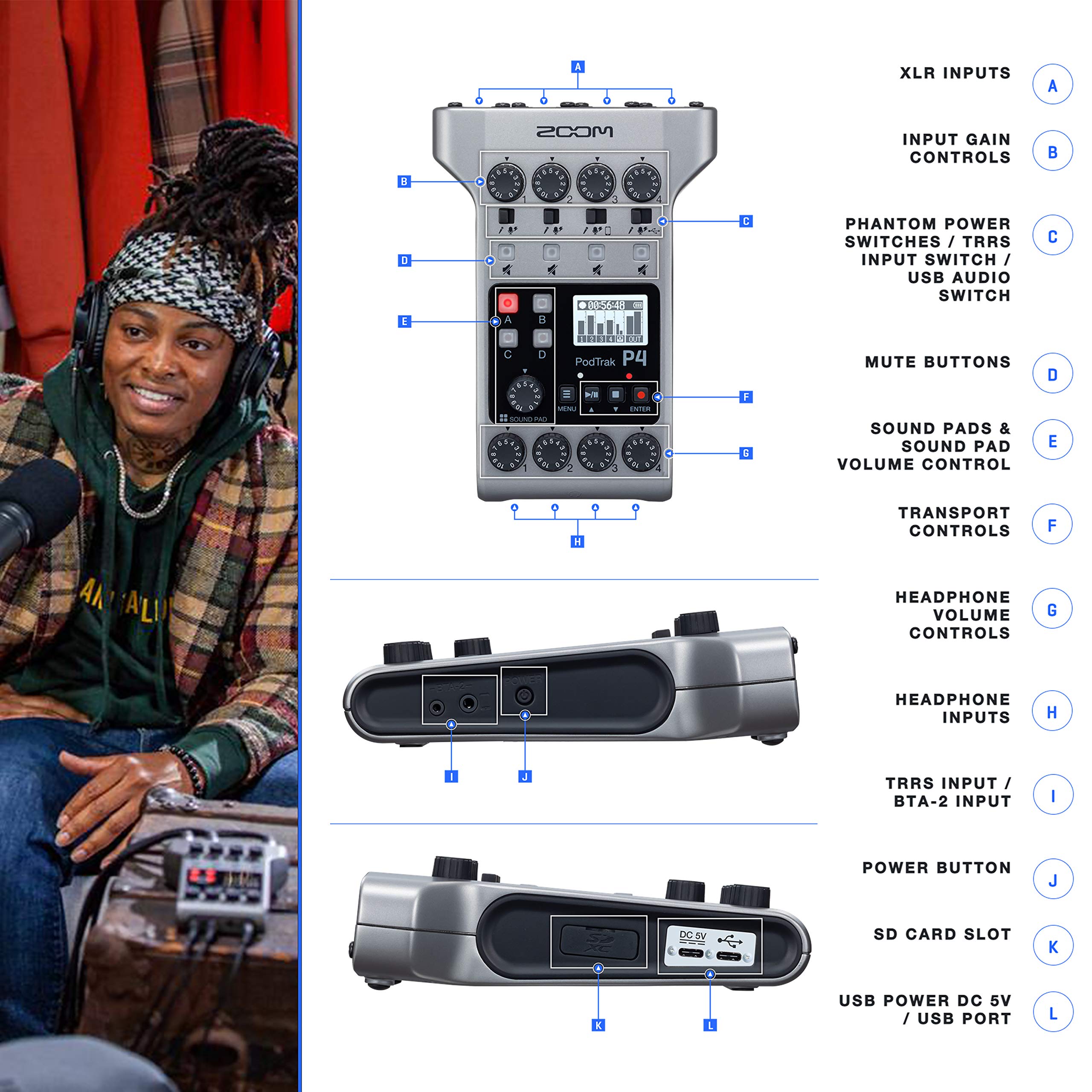 Zoom PodTrak P4 Portable Multitrack Podcast Recorder + 64GB SDXC Memory Card + Dynamic Cardioid Handheld Mic (3-Pack) with Carrying Case + 3X Stereo Headphones + 3X Mic Stand + Batteries and Charger