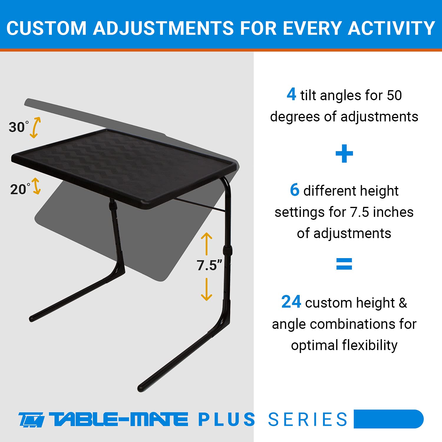 Table-Mate XL Plus Adjustable TV Table - Folding Couch Trays for Eating Snack Food, Stowaway Laptop Stand, Portable Bed Dinner Tray with 4 Set Angles, Black