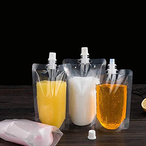 VEIREN 50 Pack Plastic Spout Pouches Reusable Clear Stand Up Concealable Liquid Drinking Flasks Portable Wine Liquor Milk Beverage Jelly Coffee Water Bag for Home Travel Party Wedding Supplies, 200ml