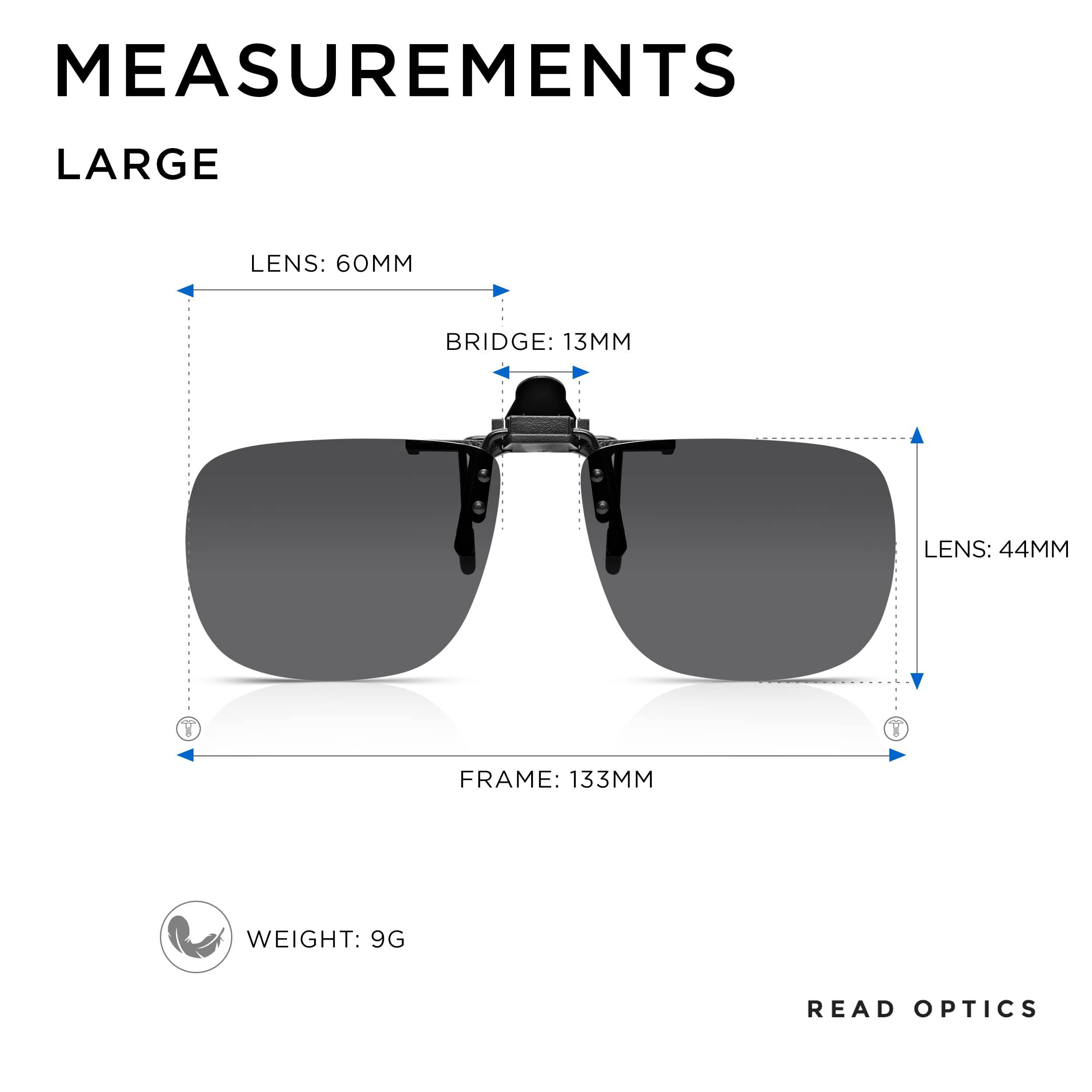 Read Optics Clip On Sunglasses over Prescription & Non Prescription Glasses with Easy Attachment, Polarized UV Protection, Flip Up Rimless Lightweight Lenses