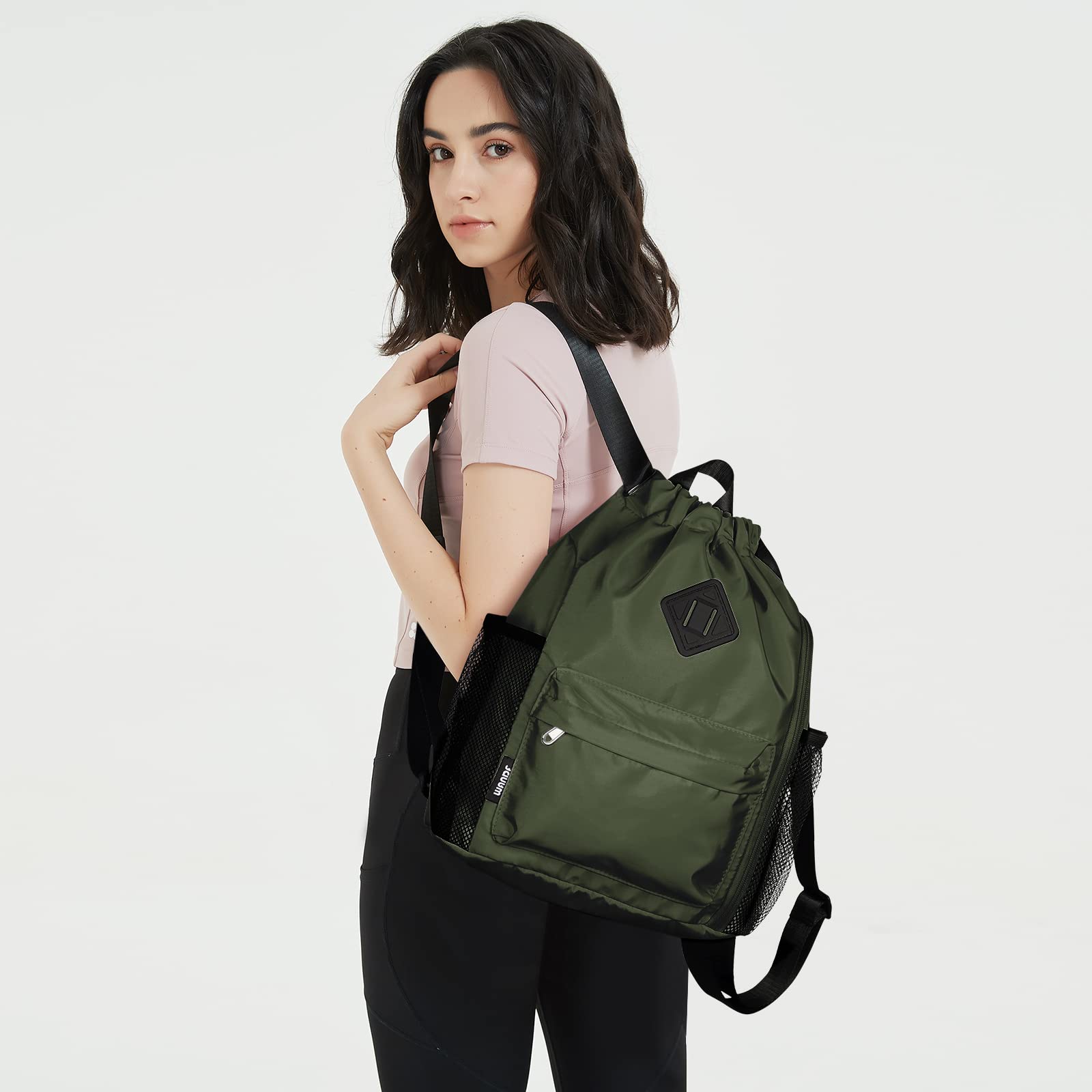WANDF Drawstring Backpack Sports Gym Bag with Shoes Compartment, Water-Resistant String Backpack Cinch for Women Men (Small,Dark green)