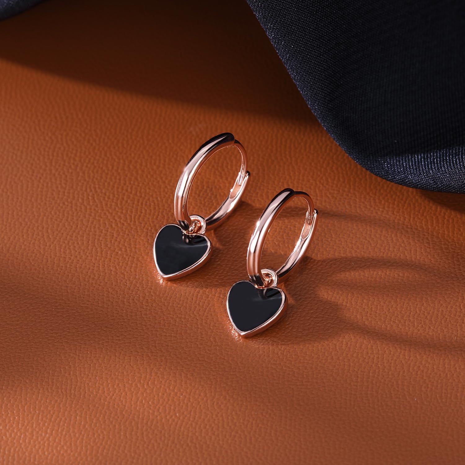 SLUYNZ 925 Sterling Silver Black Heart Hoop Earrings for Women 1.4CM Heart Hoop Dangle Earrings (C-Rose Gold)