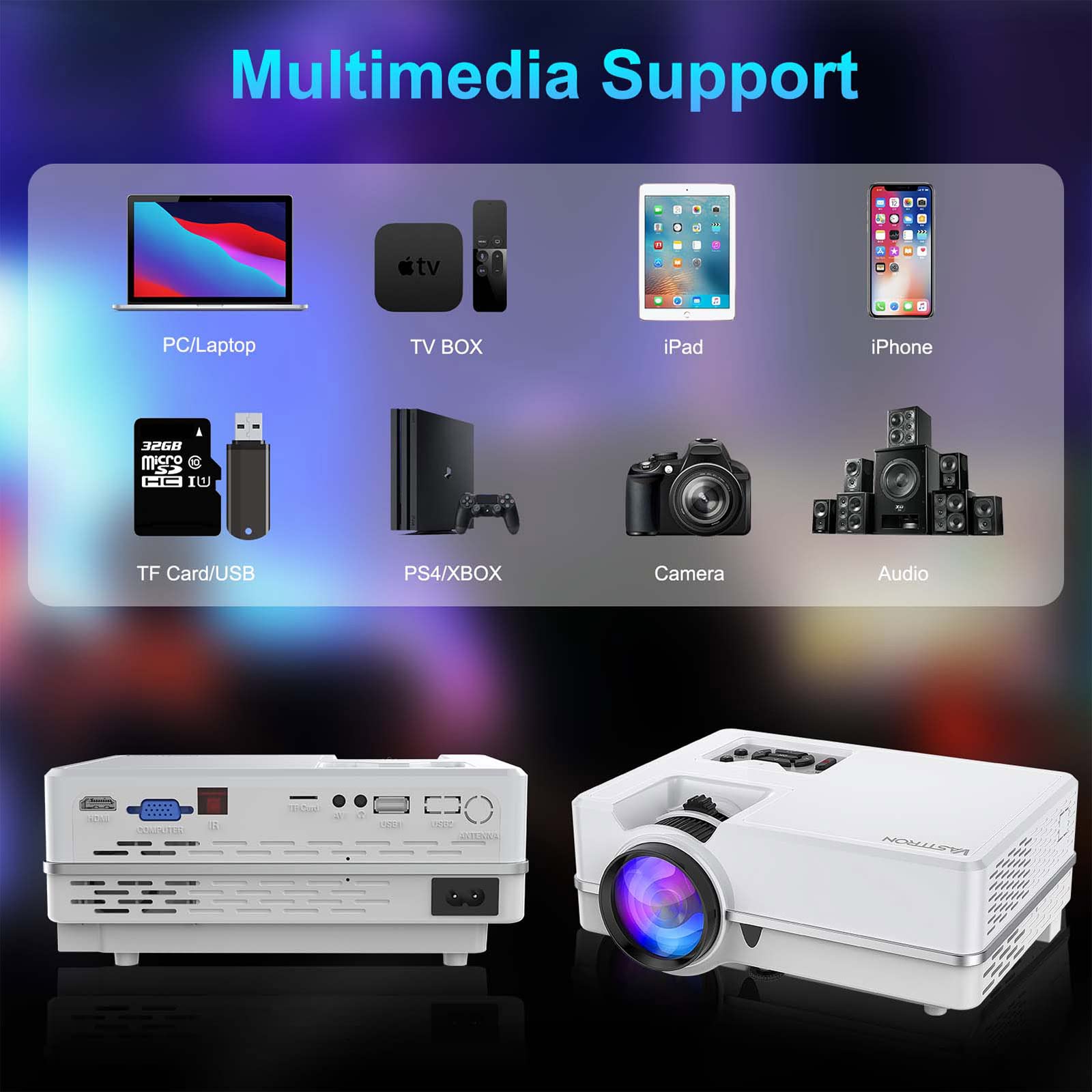 Vasttron Mini Projector,Portable Movie Projector,Small Multimedia Home Theater Video Projector,Compatible with Full HD 1080P HDMI,VGA,USB,AV,TV Box,DVD,Laptop,Smartphone,PS4