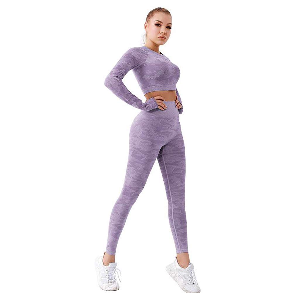 Yoga Workout Set High Waist Athletic Seamless Leggings Long Sleeve 2 Pieces Set (Camouflage Blue, S)