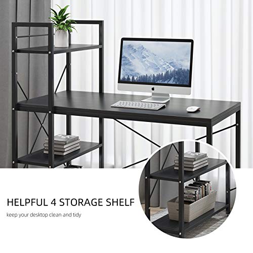 Tower Computer Desk with 4 Storage Shelves - 47.6 inch Writing Study Table with Bookshelves Study Desk Modern Steel Frame Compact Wood Desk Home Office Workstation (Black)
