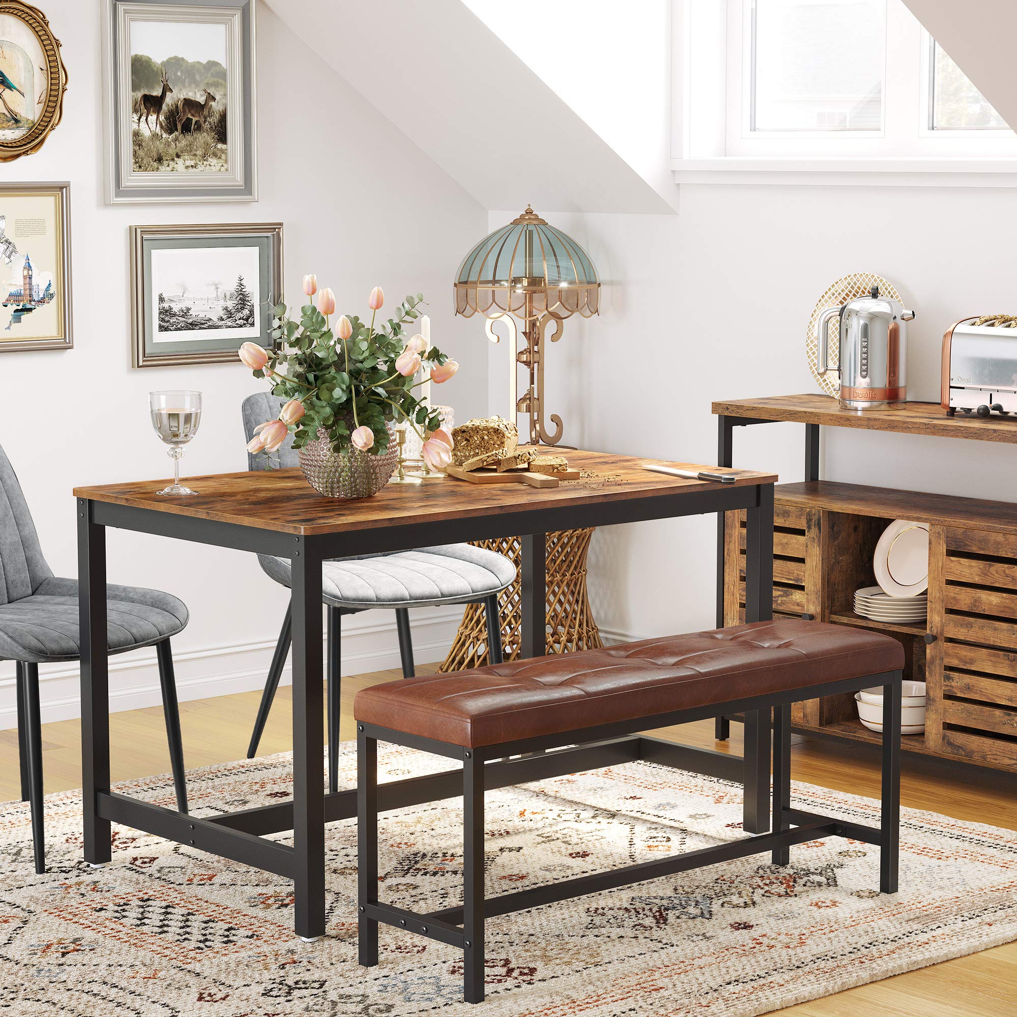 VASAGLE Dining Table Set, Bar Table and Chairs Set, Rustic Brown and Black ULBT218B01 & 47 Inches Dining Room Table for 4, 47.2 x 29.5 x 29.5 Inches, Brown