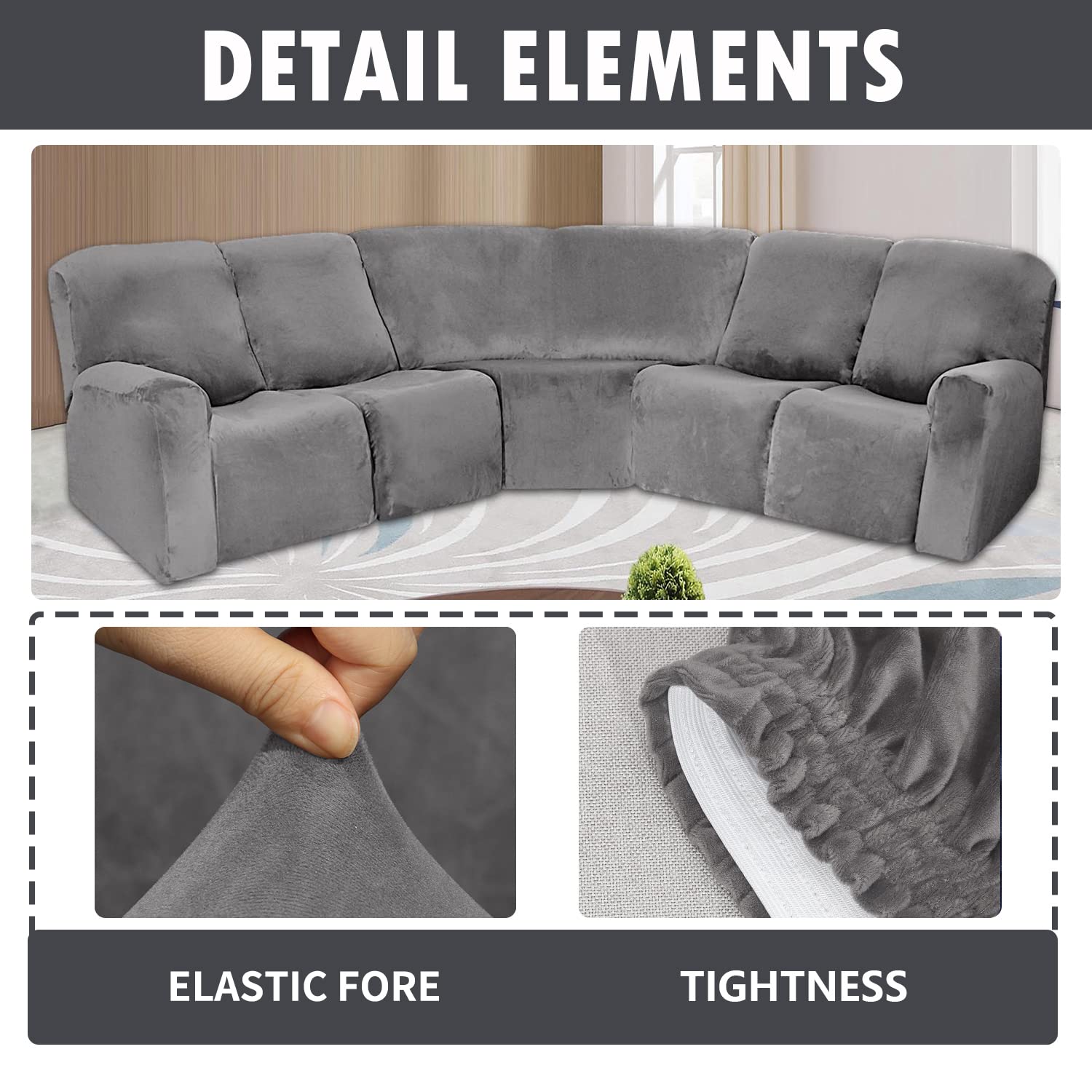 Velvet Stretch Recliner 5 Seats Corner Sectional Sofa Cover L-Shape 7-Pieces Reclining Sectional Couch Covers for Reclining Loveseat Sofa Slipcovers Thick Soft Washable Furniture Protector (Dark Grey)