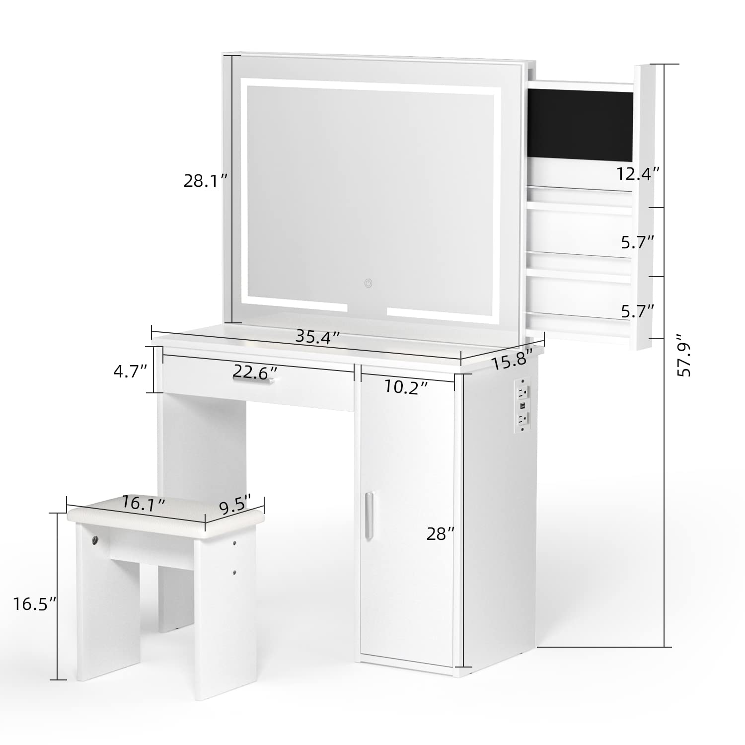 SMOOL Makeup Vanity Table with Large Lighted Mirror & Power Outlet, 3 Color LED Modes Desk Slidding Storage, Drawer Cabinet, White Soft Cushioned Stool for Bedroom 35.4''
