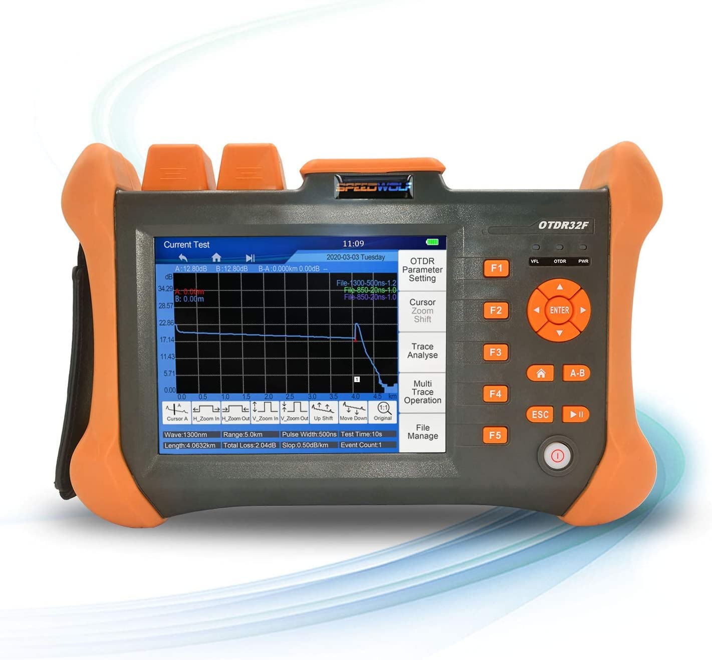 SPEEDWOLF 850/1300nm 24/22dB Multimode OTDR 5.6inch Touch Screen FTTH Fiber Optic Cable Tester with Visual Fault Locator(VFL) and FC+SC+FC/UPC(Male)-LC(UPC+APC)(Female) Adapter(OTDR32F-T1-MD-1)