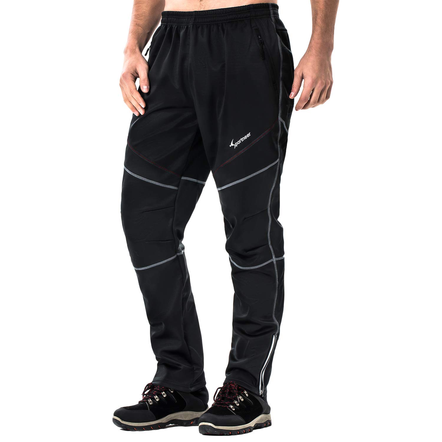 Sportneer Mountain Bike Pants for Men Fleeced Windproof Cycling Running Winter Hiking MTB Pants Workout Multi Sports Pants Black