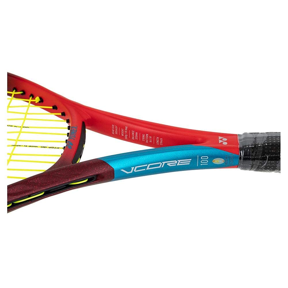 YONEX VCORE 100+ 6th Gen Tango Red Tennis Racquet (4 1/2" Grip) Strung with Black Synthetic Gut Racket String - 16x19 String Pattern