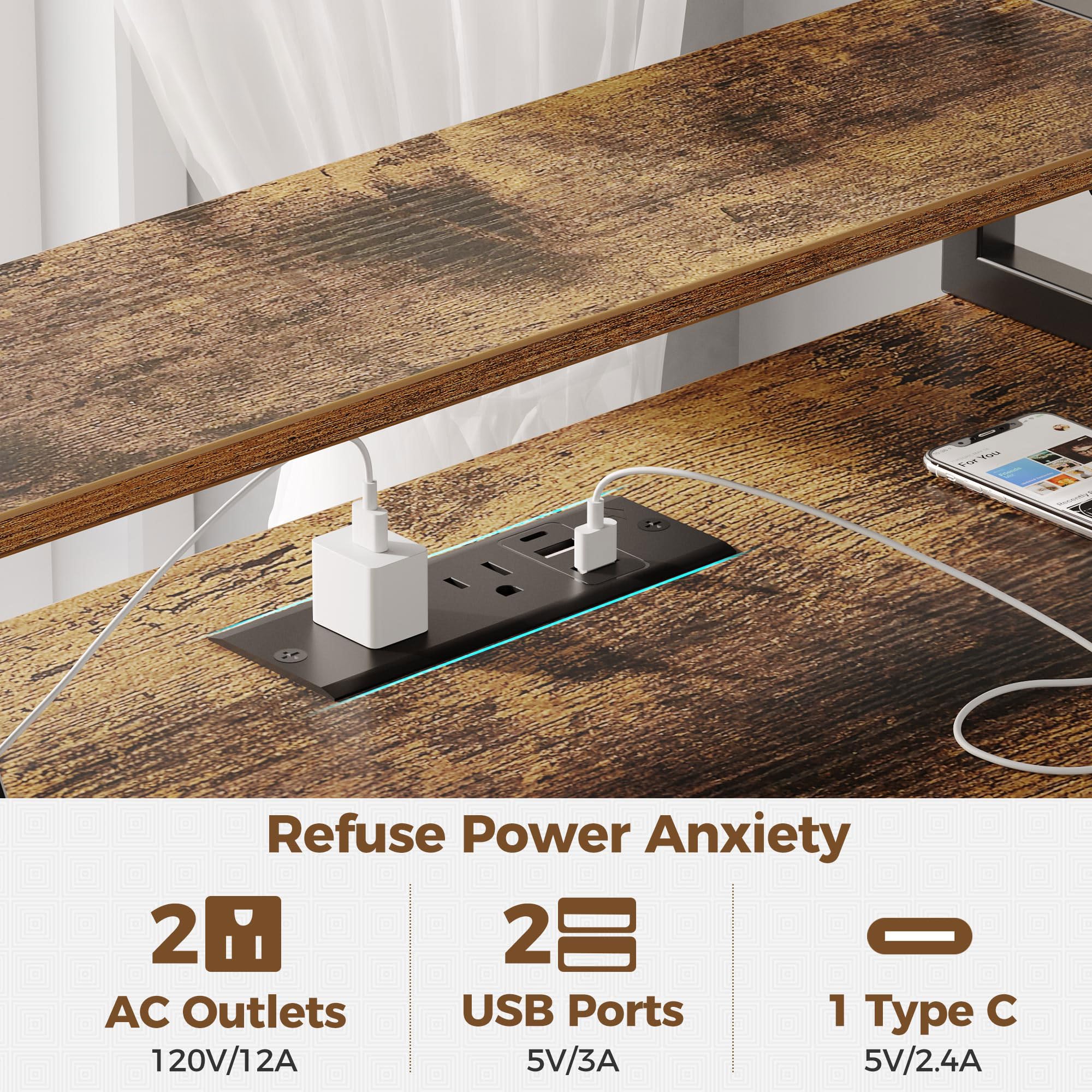 Seventable Gaming Desk with LED Light & Power Outlets, 47 inch Computer Desk with Shelves, Reversible L Shaped Desk with Monitor Stand, Corner Desk for Small Space, Rustic Brown