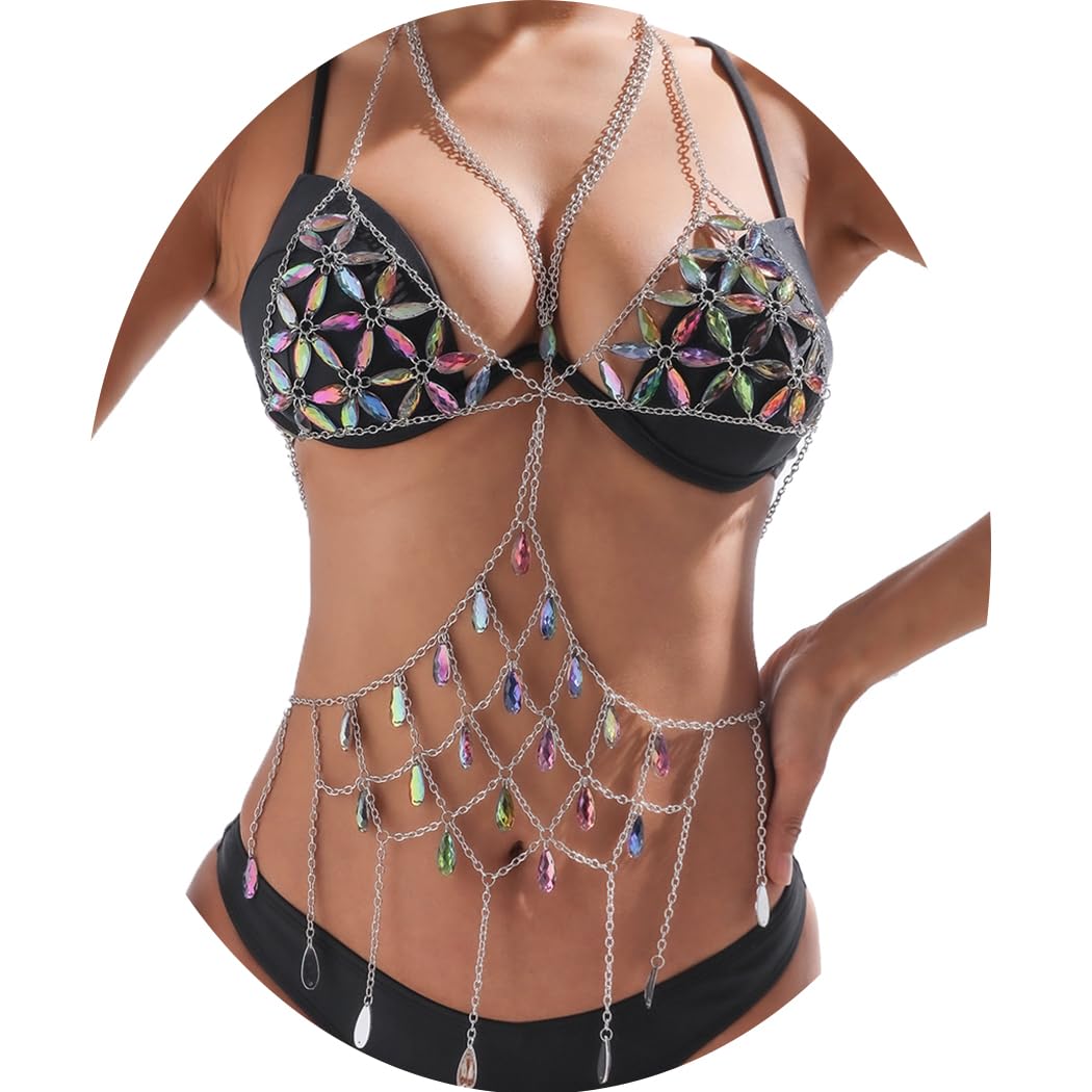 Urieo Sparkly Rhinestone Bra Chain Colorful Crystal Chest Chains Blkini Sexy Nightclub Beach Party Rave Body Jewelry for Women