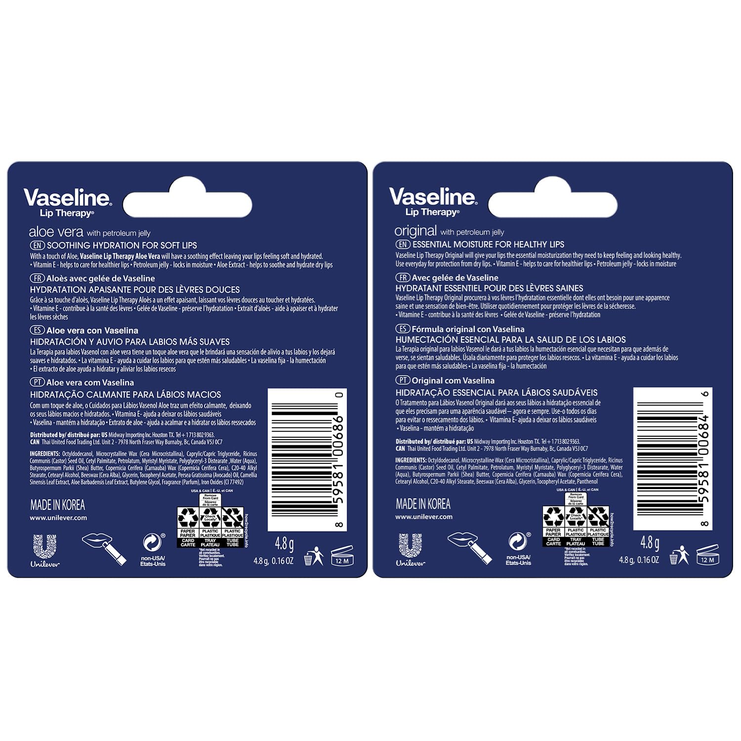 Vaseline Lip Therapy Variety 4-Pack β Original + Aloe Vera Moisturizing Lip Balm with Vitamin E, 0.16 Oz Ea