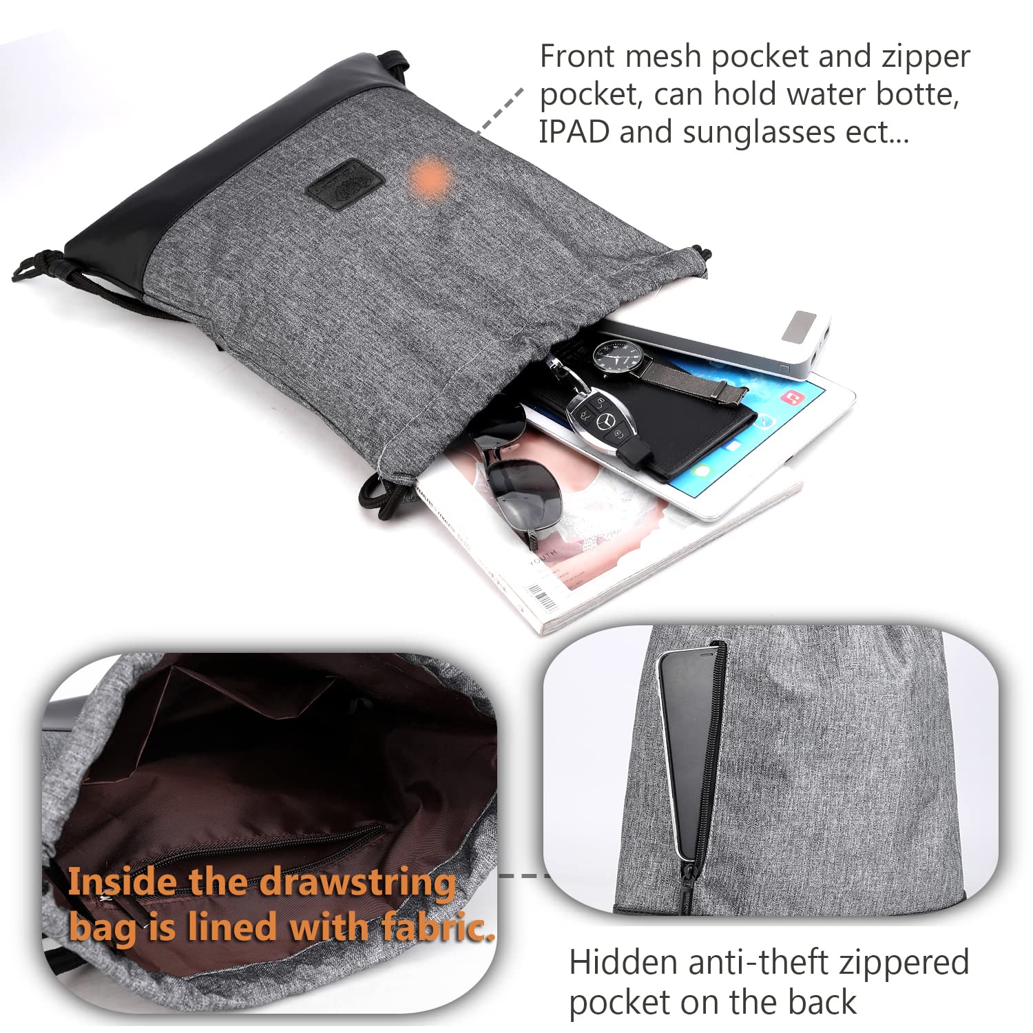 SunForMorning Drawstring Backpack Gym Sports String Bag Sackpack, Black